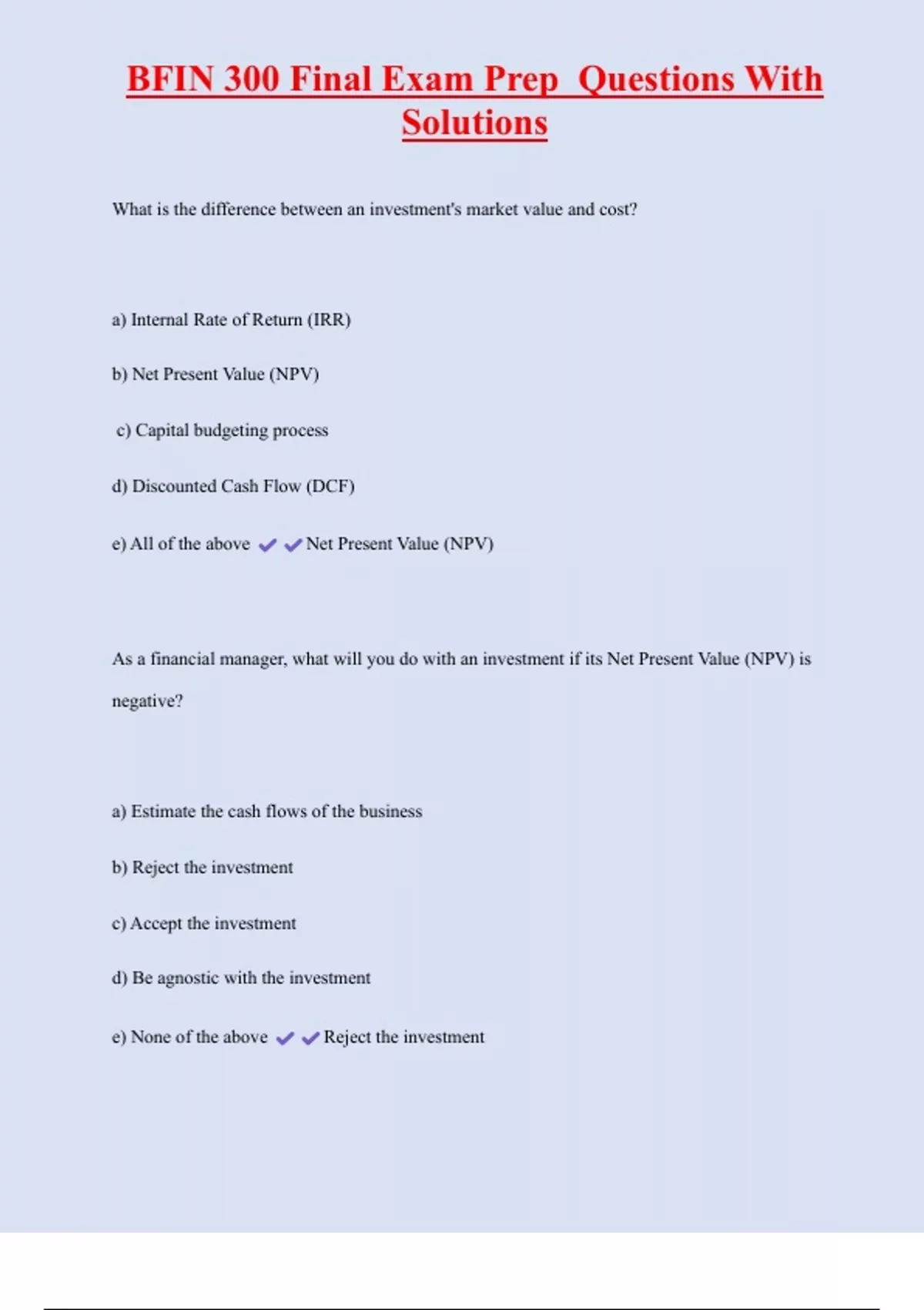 BFIN 300 Final Exam Prep Questions With Solutions - BFIN 300 - Stuvia UK