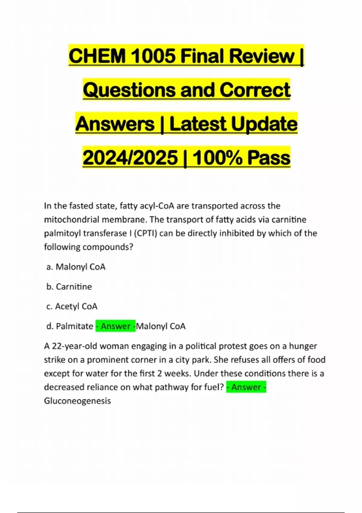 CHEM 1005 Final Review | Questions and Correct Answers | Latest Update ...