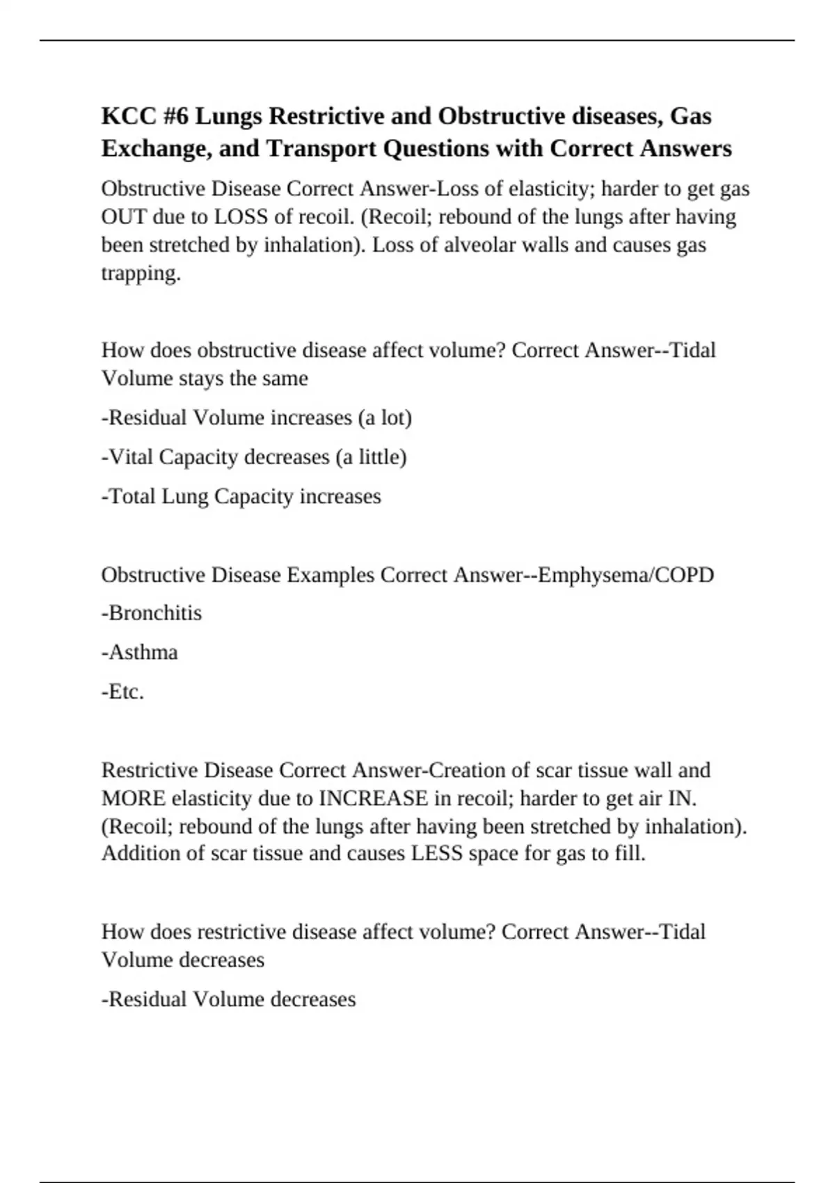 KCC #6 Lungs Restrictive and Obstructive diseases, Gas Exchange, and Transport Questions with ...