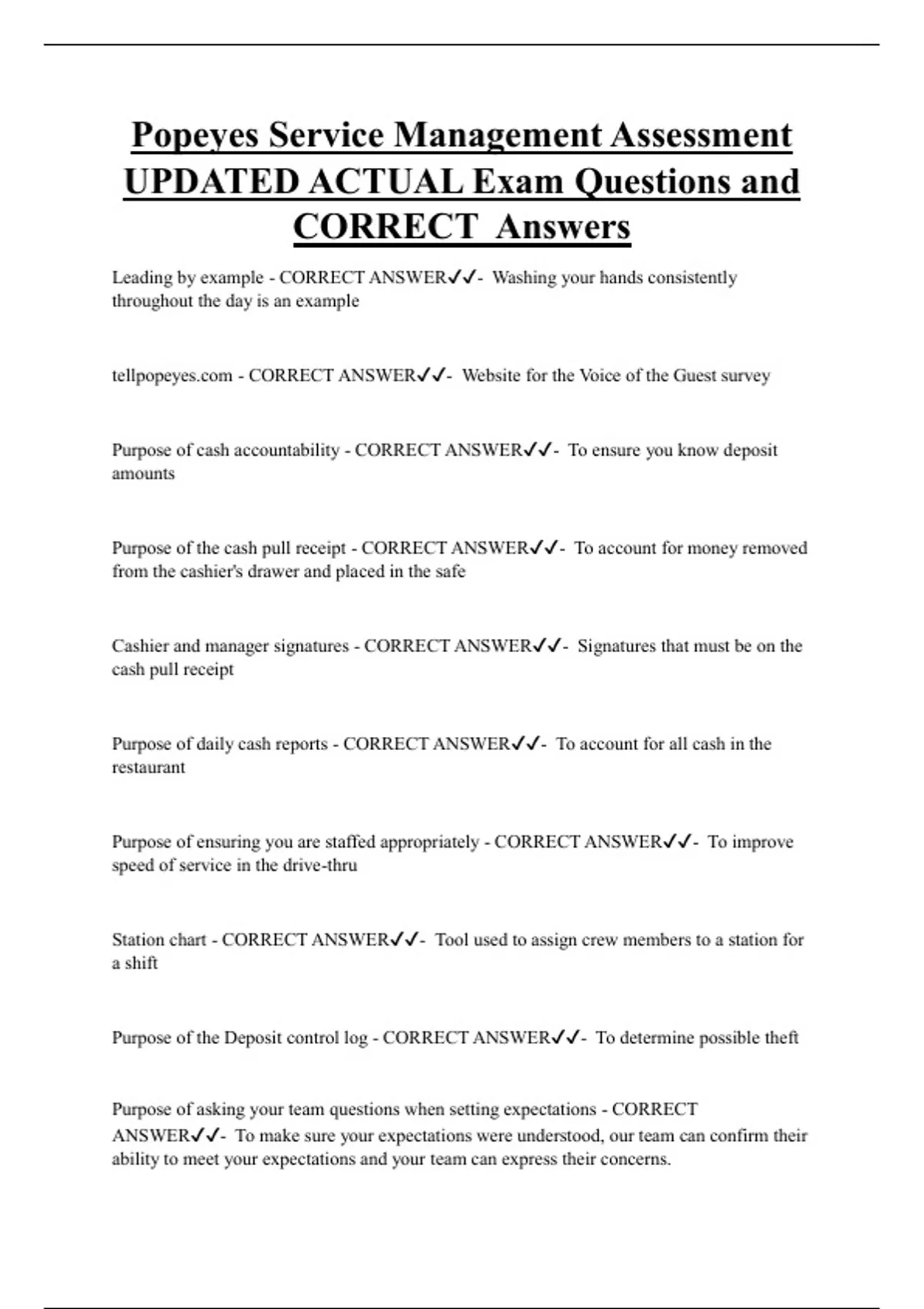 Popeyes Service Management Assessment UPDATED ACTUAL Exam Questions and ...