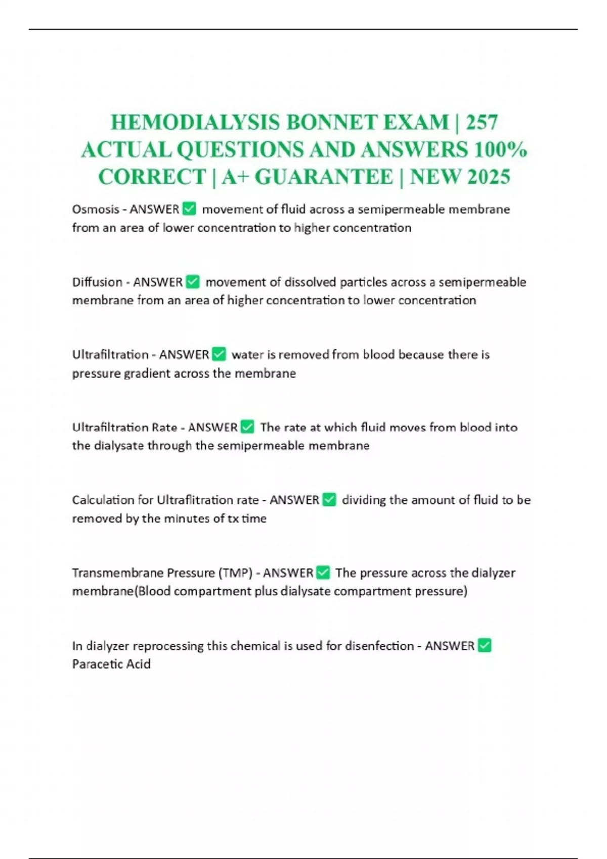 HEMODIALYSIS BONNET CERTIFIED EXAM | 257 ACTUAL QUESTIONS AND ANSWERS ...