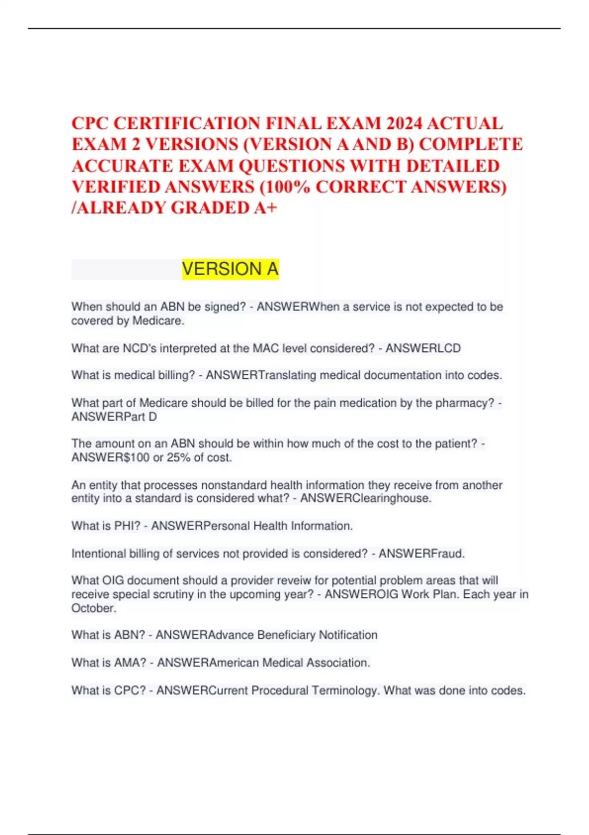 CPC CERTIFICATION FINAL EXAM 2024 ACTUAL EXAM 2 VERSIONS (VERSION A AND B) COMPLETE ACCURATE ...