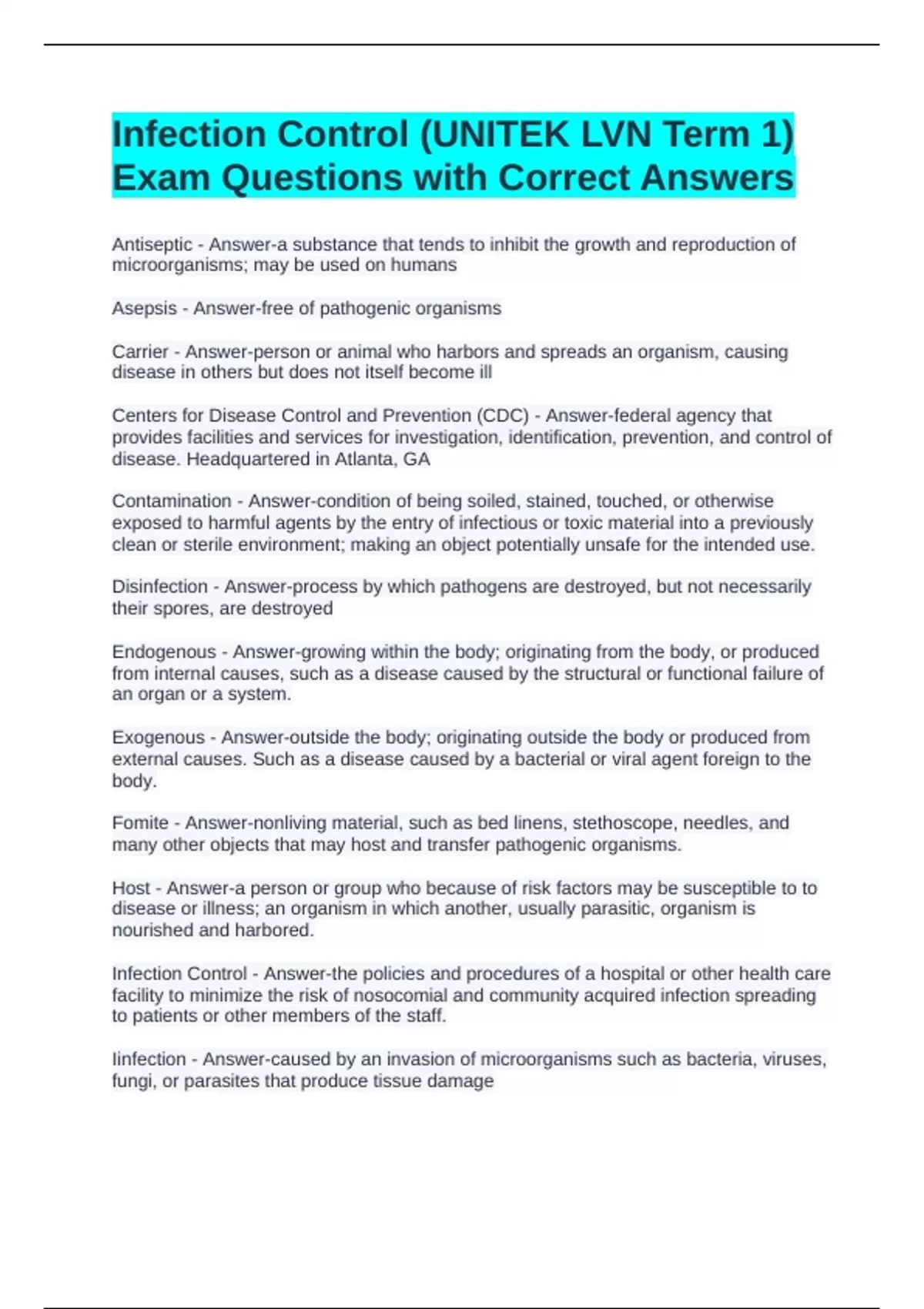 Infection Control (UNITEK LVN Term 1) Exam Questions with Correct ...