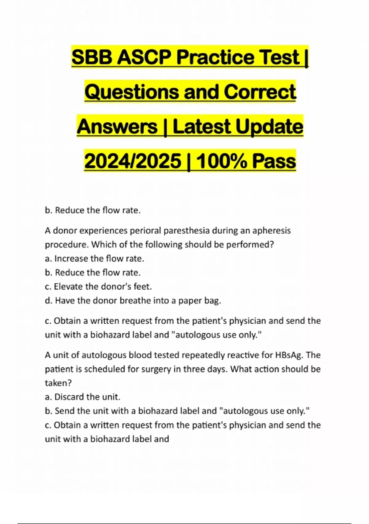 SBB ASCP Practice Test | Questions and Correct Answers | Latest Update ...