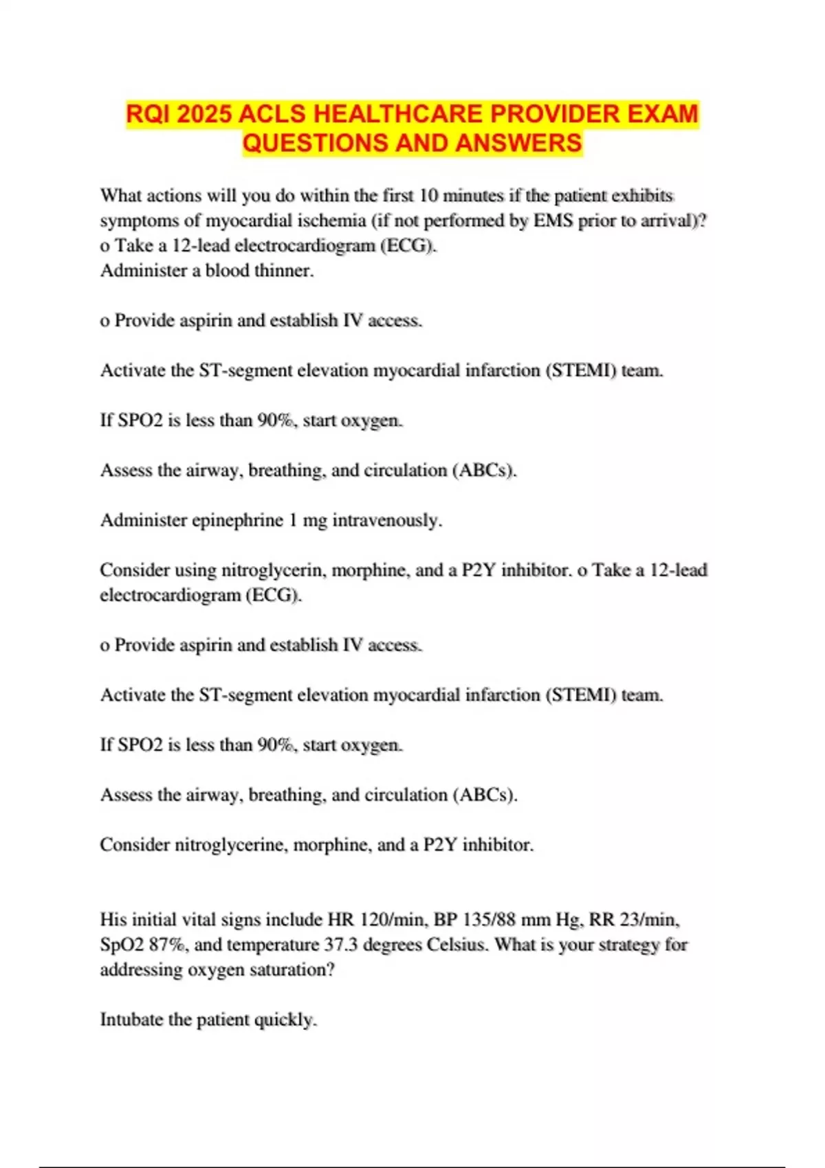 RQI 2025 ACLS HEALTHCARE PROVIDER EXAM QUESTIONS AND ANSWERS - RQI ACLS ...