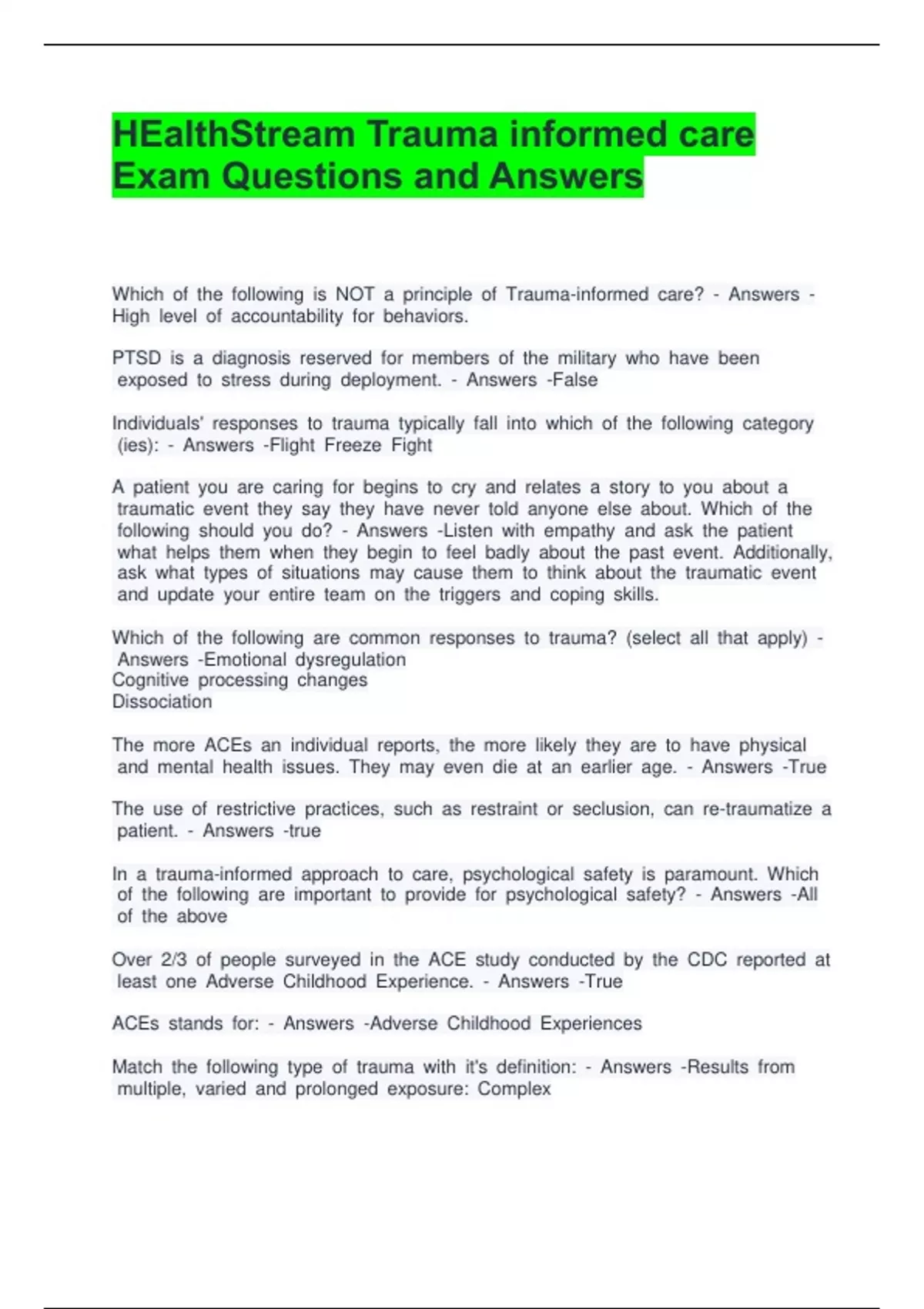 HEalthStream Trauma informed care Exam Questions and Answers ...