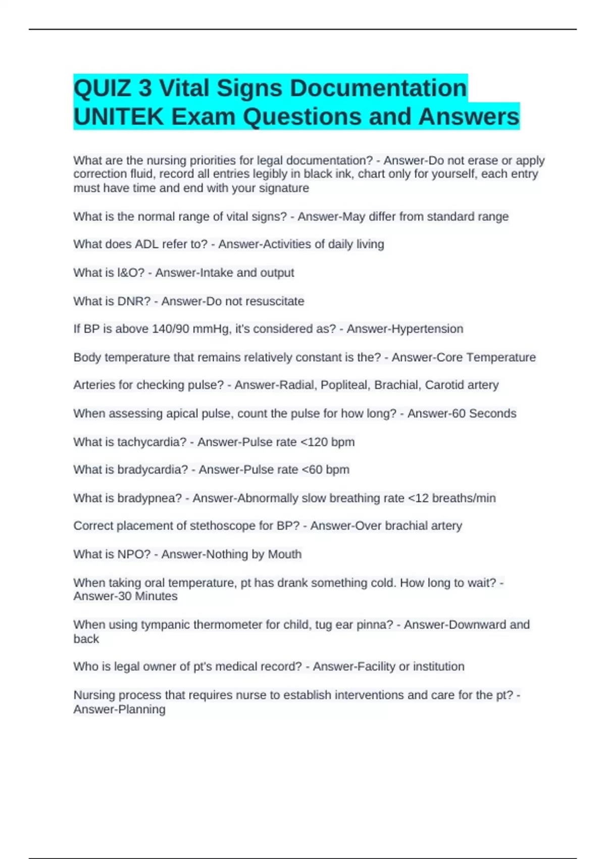 QUIZ 3 Vital Signs Documentation UNITEK Exam Questions and Answers ...