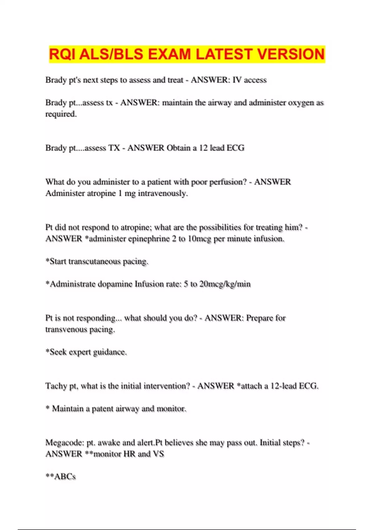 RQI ALS/BLS EXAM LATEST VERSION - RQI ALS/BLS - Stuvia US