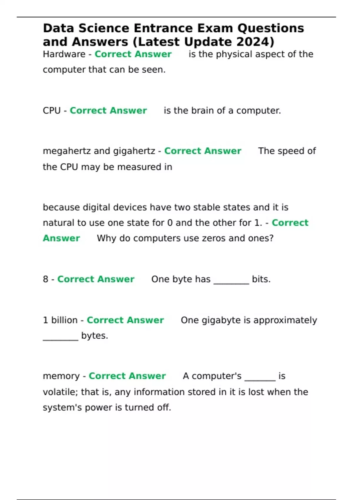 Data Science Entrance Exam Questions and Answers (Latest Update 2024 ...
