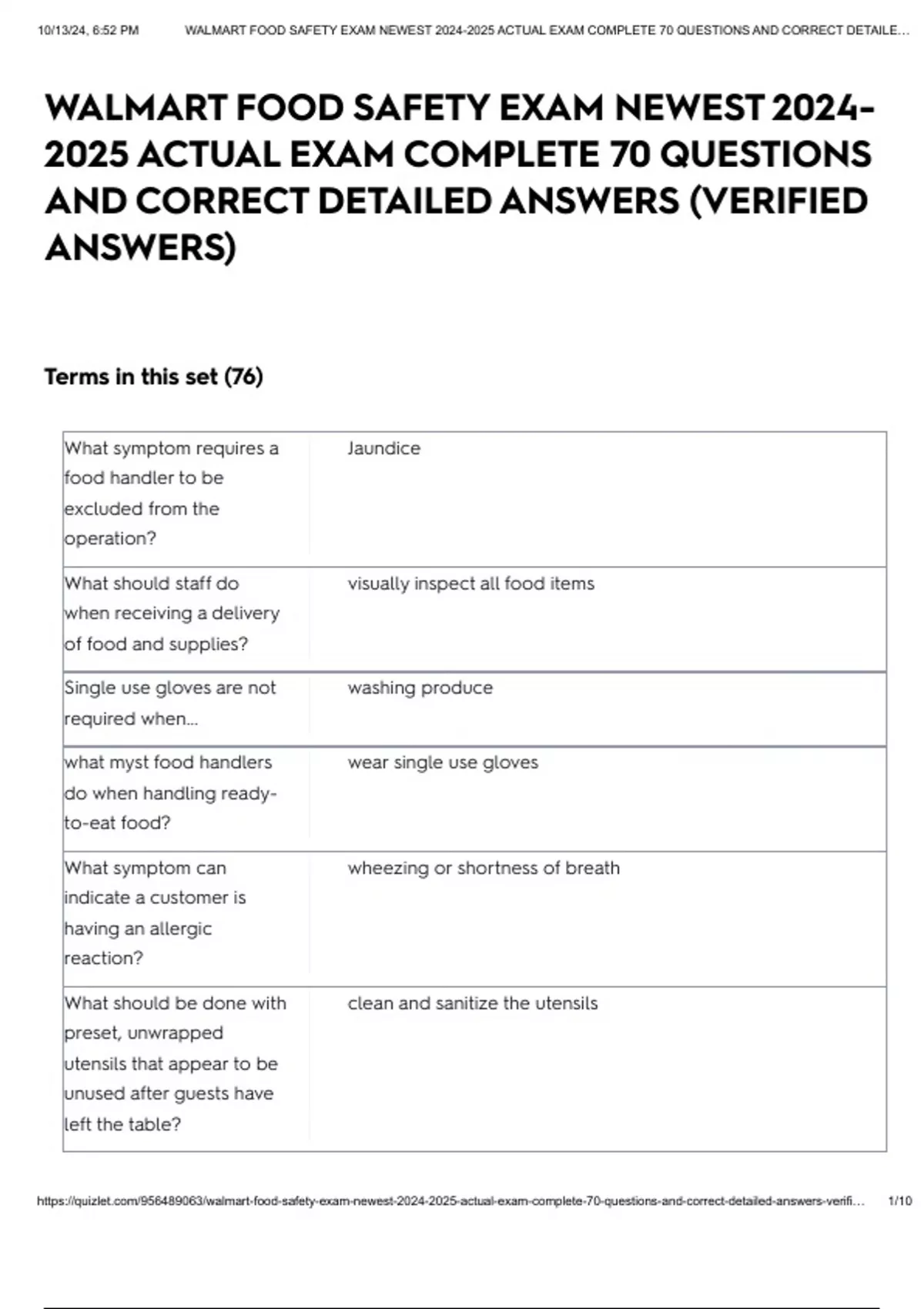 WALMART FOOD SAFETY EXAM NEWEST ACTUAL EXAM COMPLETE 70 QUESTIONS AND ...