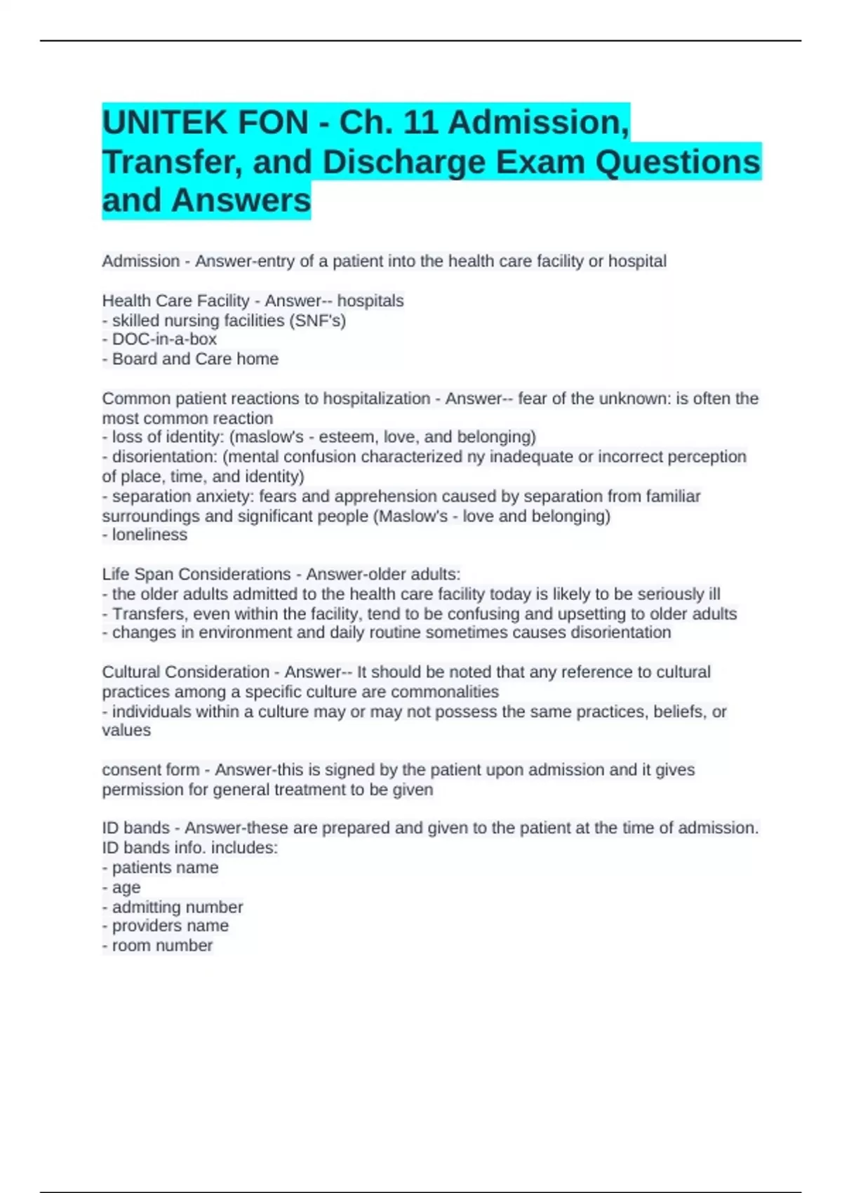 UNITEK FON - Ch. 11 Admission, Transfer, and Discharge Exam Questions ...