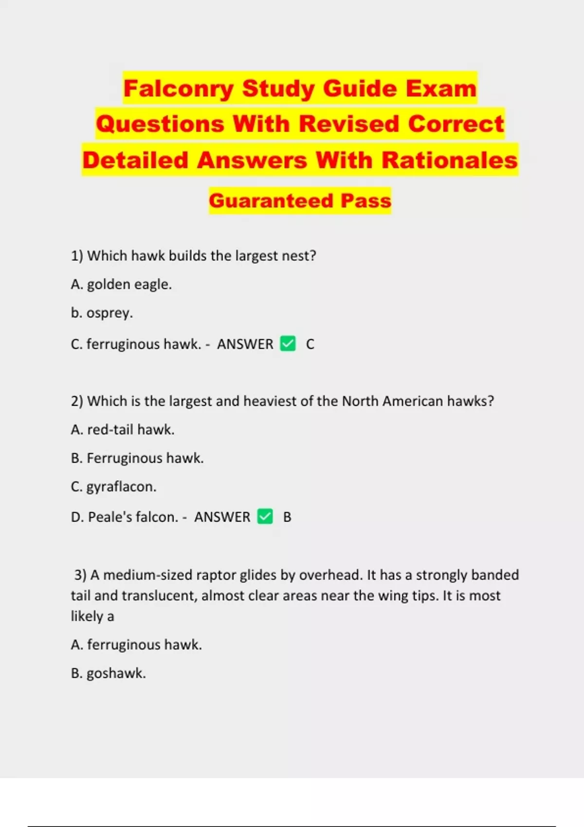 Falconry Study Guide Exam Questions With Revised Correct Detailed ...