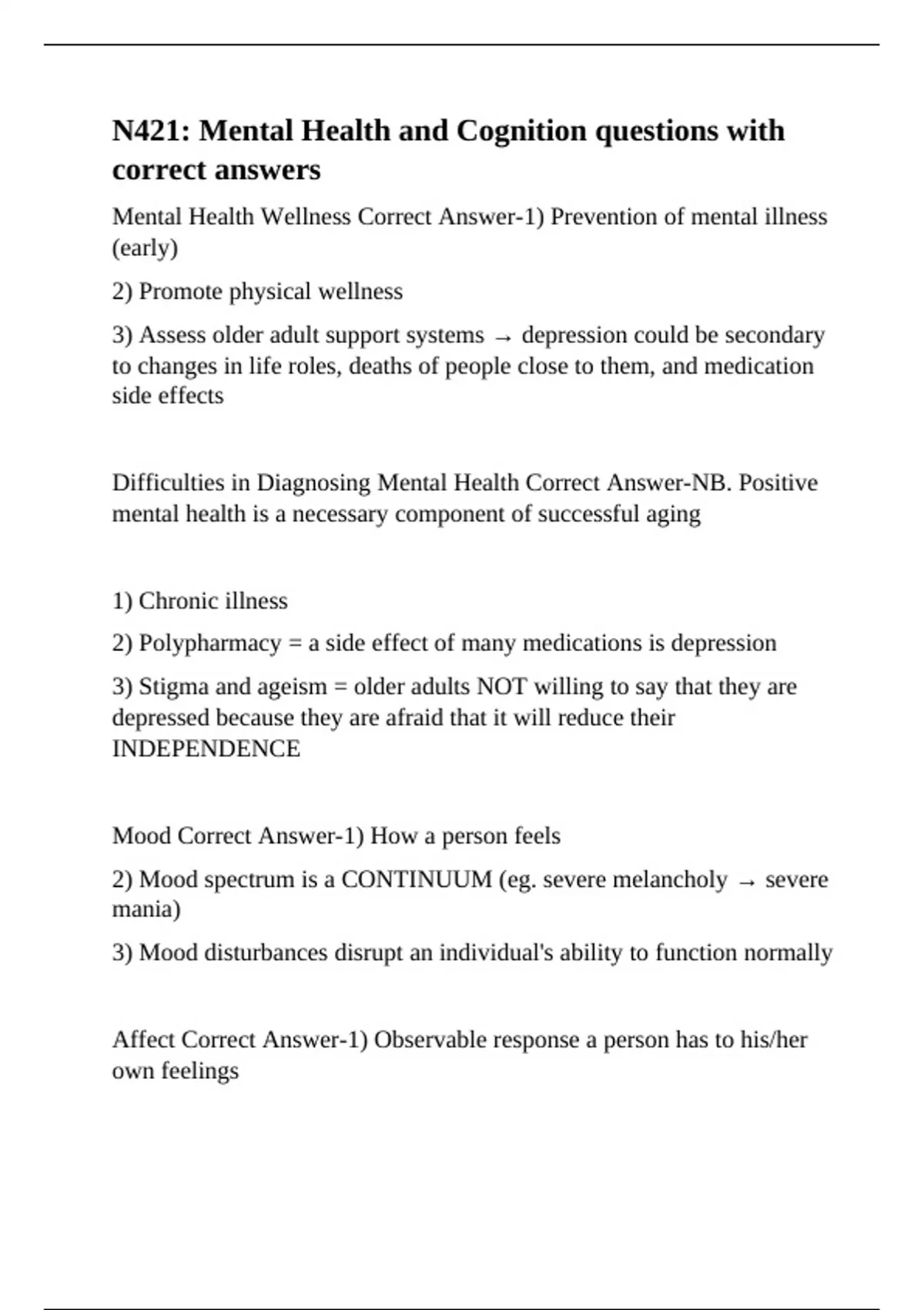 N421: Mental Health and Cognition questions with correct answers - NURS ...
