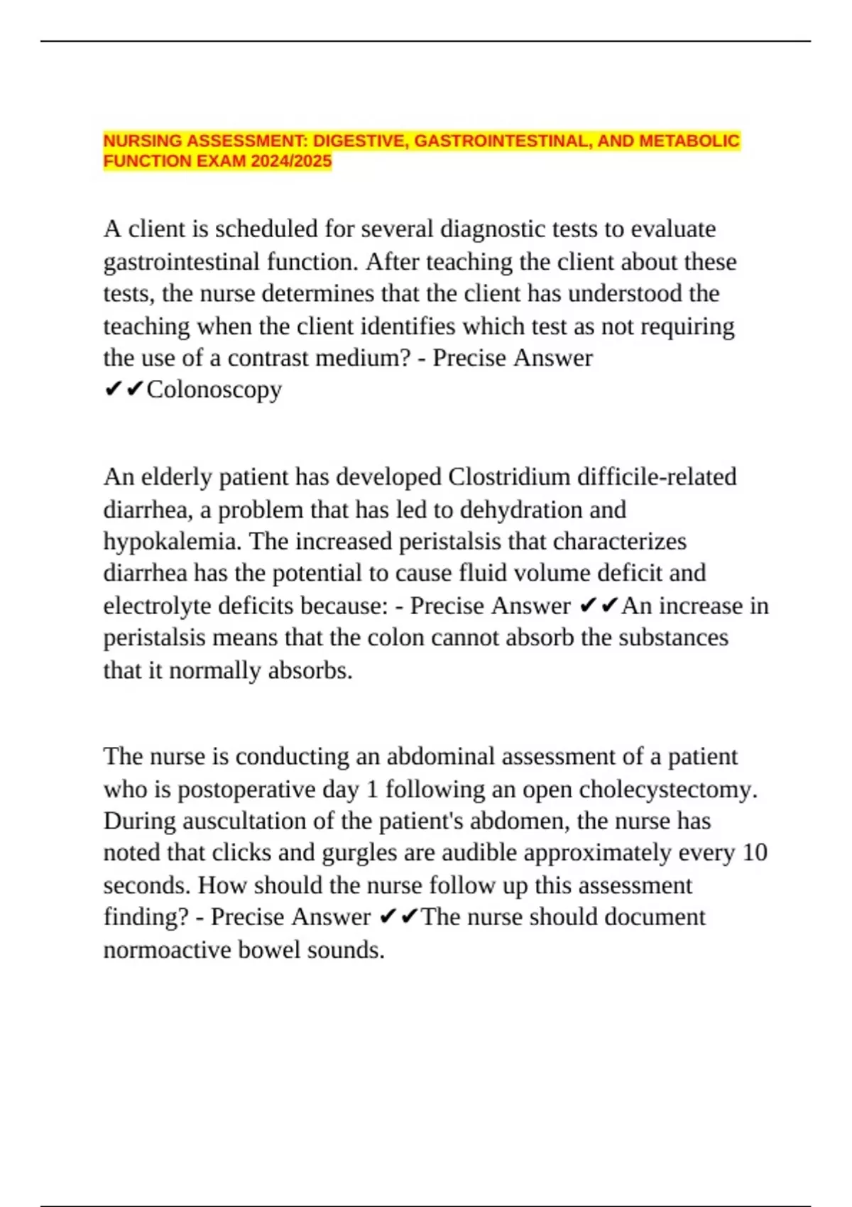 NURSING ASSESSMENT: DIGESTIVE, GASTROINTESTINAL, AND METABOLIC FUNCTION ...