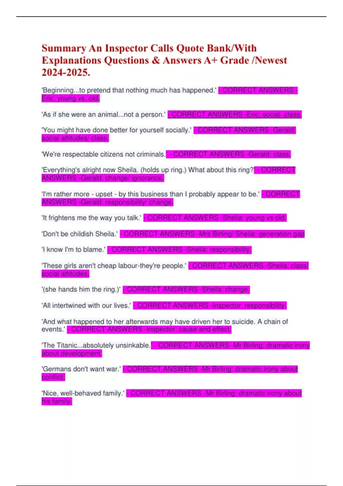 Summary An Inspector Calls Quote Bank/With Explanations Questions ...