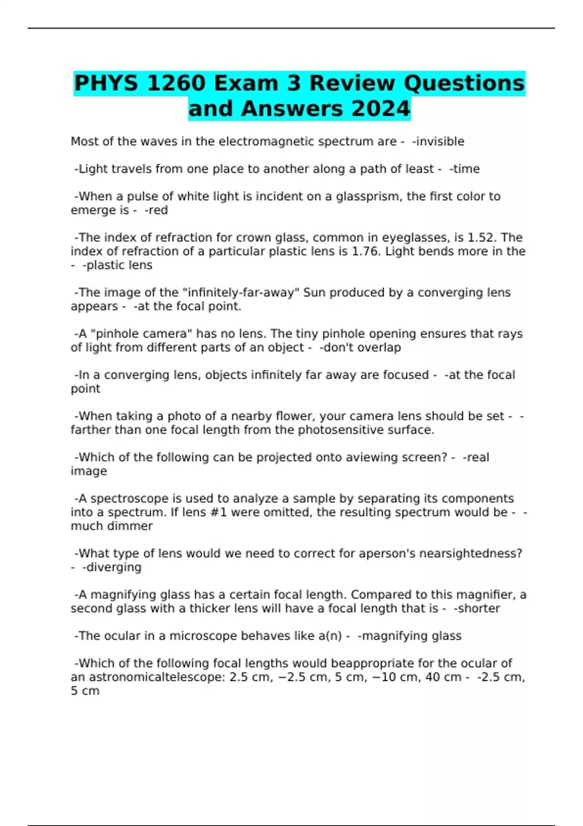 PHYS 1260 Exam 3 Review Questions and Answers 2024 - PHYS 1260 - Stuvia US