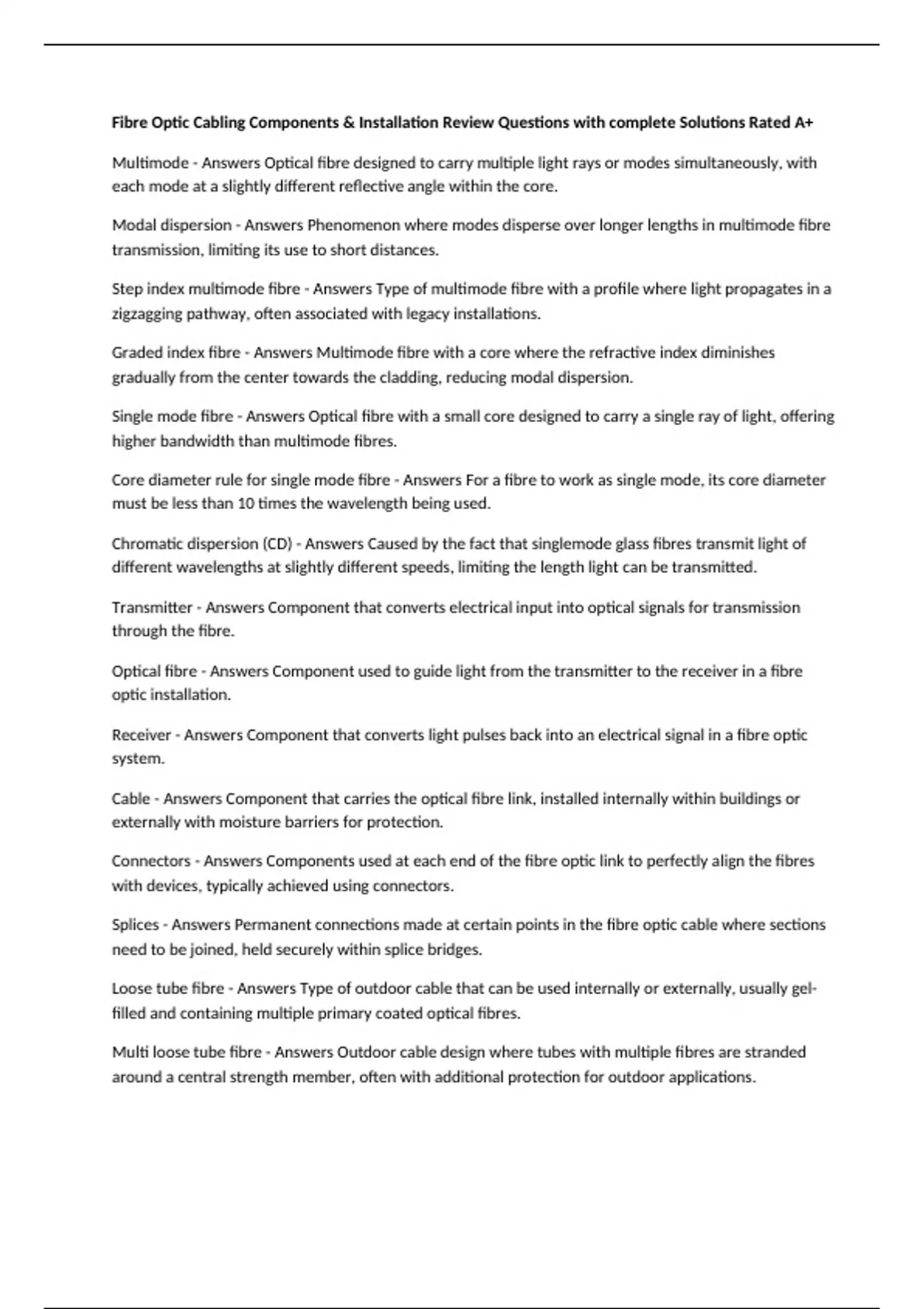 Fibre Optic Cabling Components & Installation Review Questions with ...