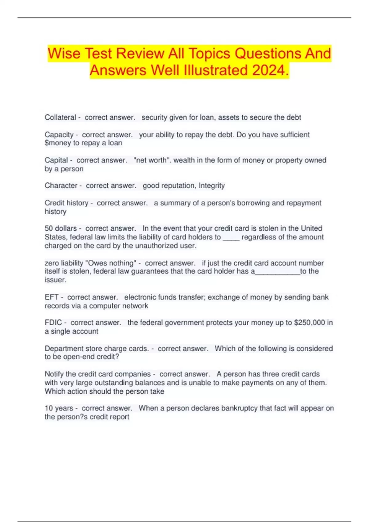 Wise Test Review All Topics Questions And Answers Well Illustrated 2024 ...