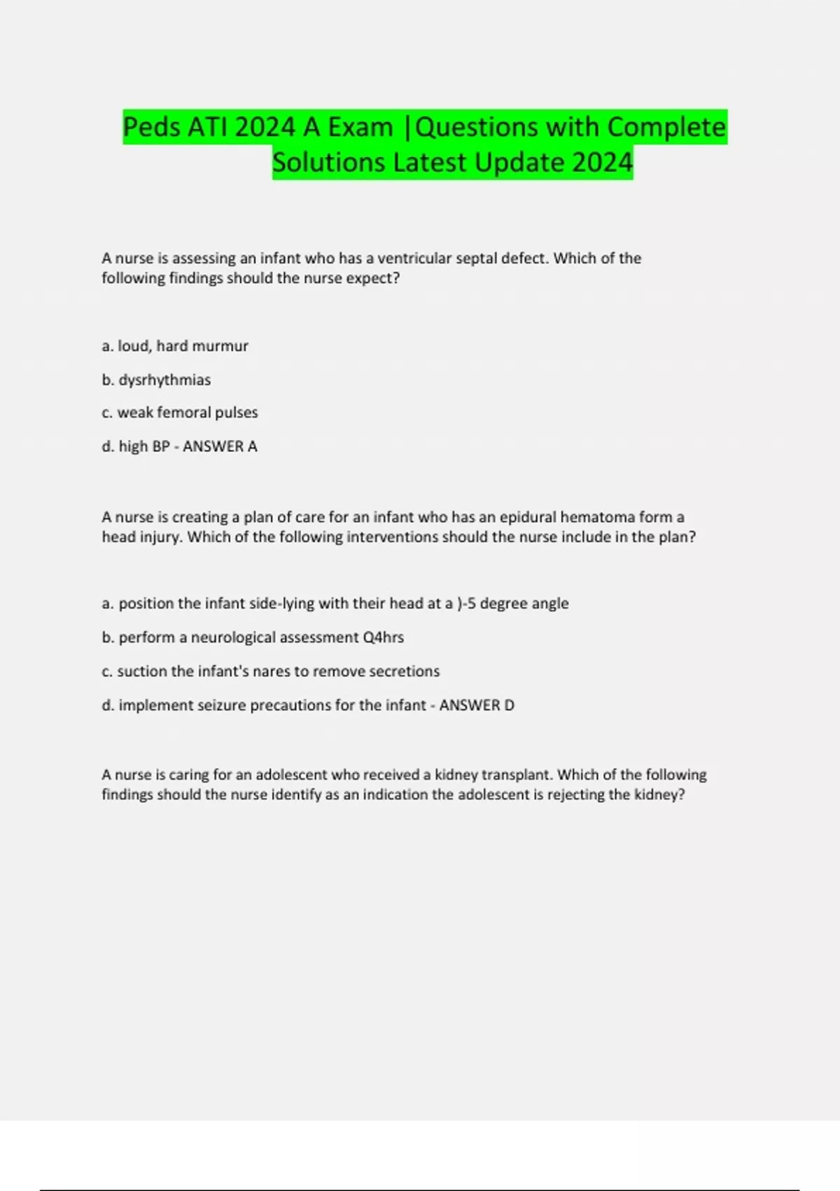 Peds ATI 2024 A Exam |Questions with Complete Solutions Latest Update ...