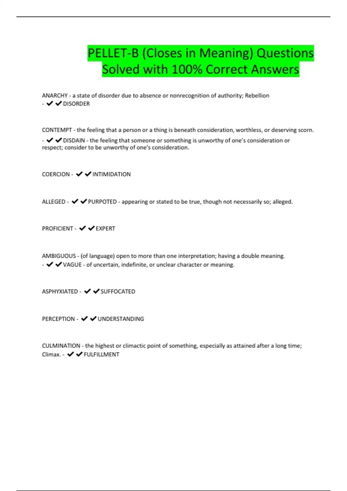PELLET-B (Closes in Meaning) Questions Solved with 100% Correct Answers ...