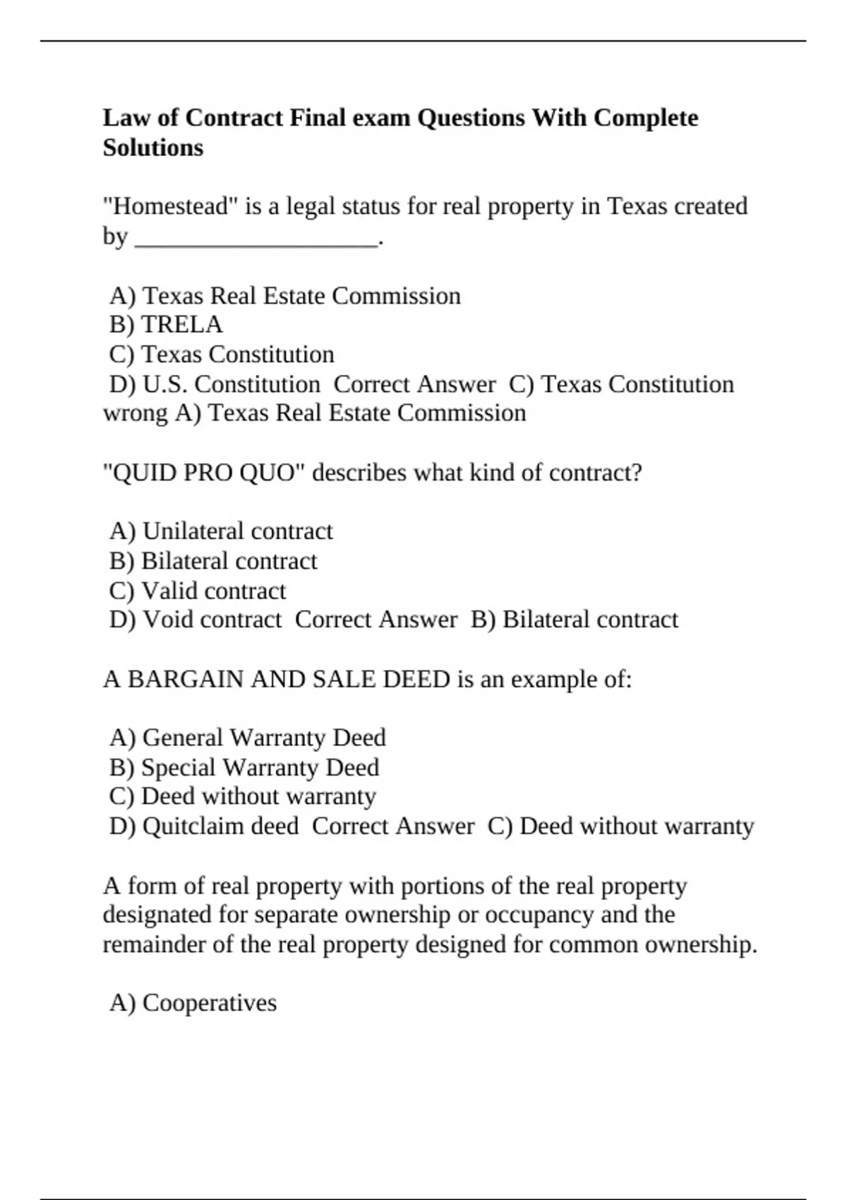 Law of Contract Final exam Questions With Complete Solutions - Law of ...