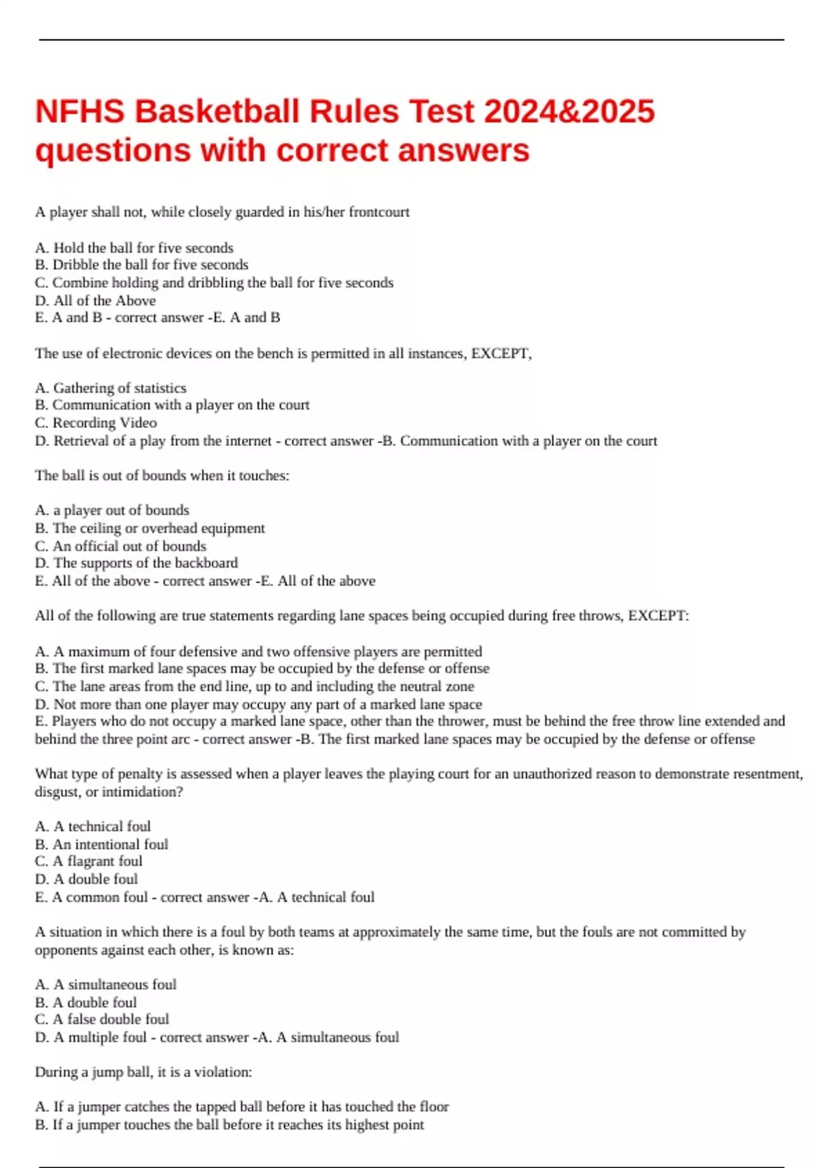 NFHS Basketball Rules Test 2024&2025 questions with correct answers ...