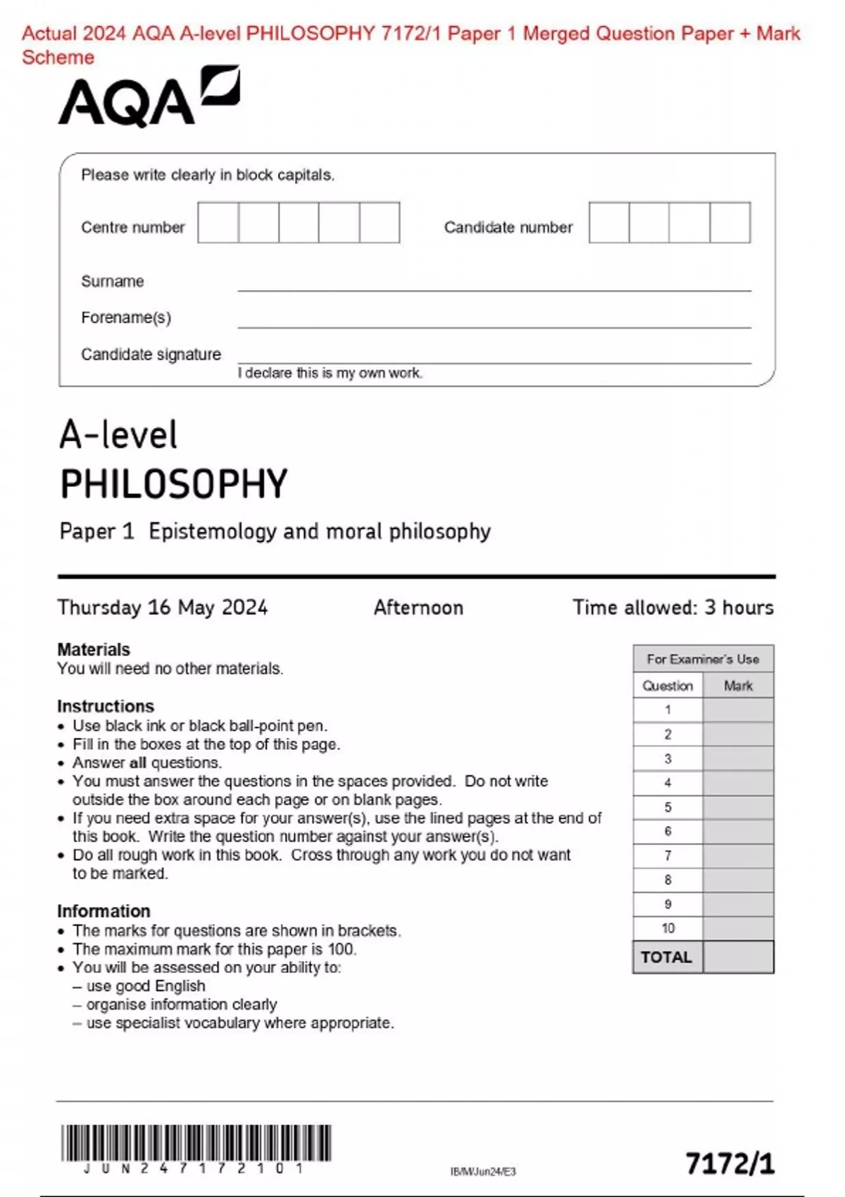 Actual 2024 AQA A-level PHILOSOPHY 7172/1 Paper 1 Merged Question Paper ...