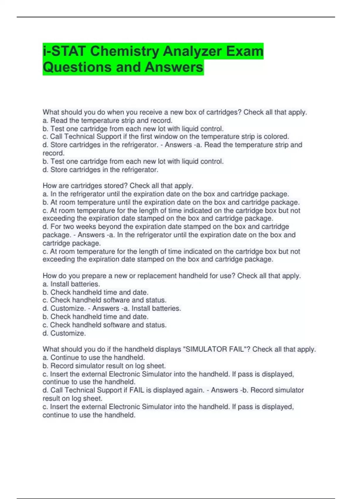 i-STAT Chemistry Analyzer Exam Questions and Answers - ISTAT - Stuvia US