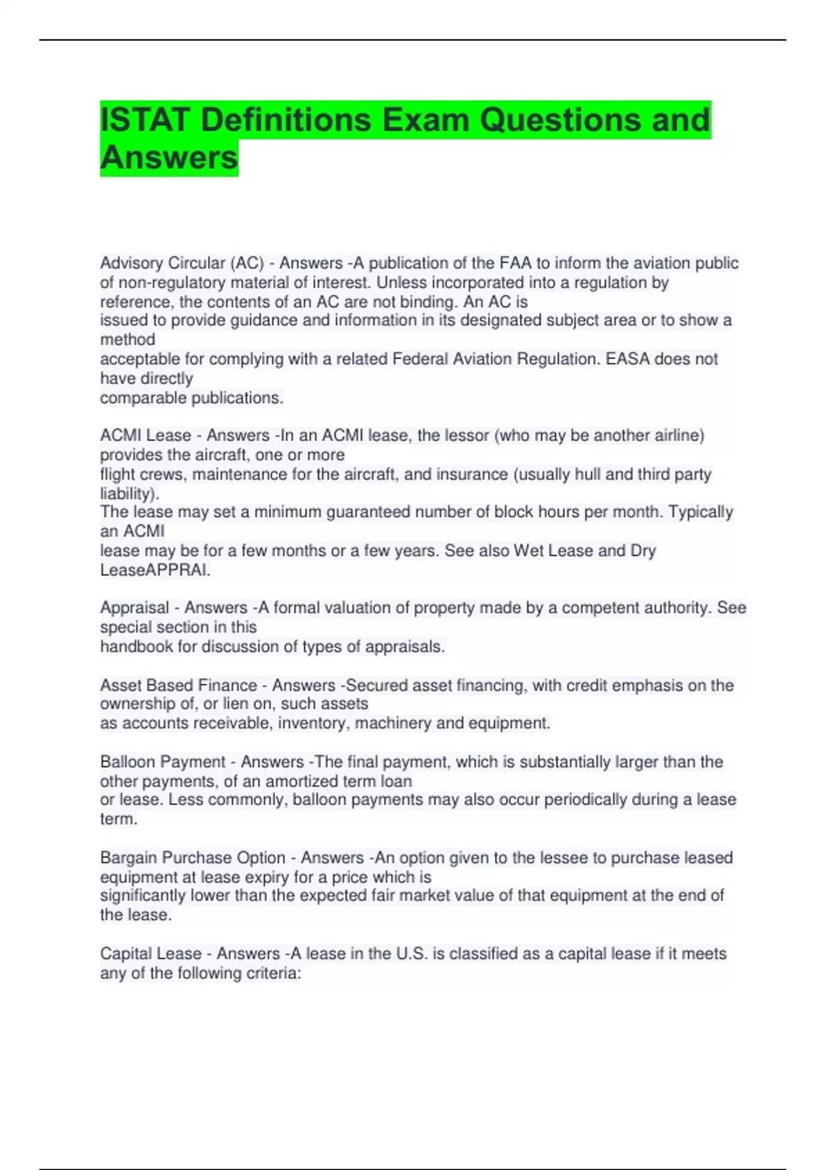 ISTAT Definitions Exam Questions and Answers - ISTAT - Stuvia US