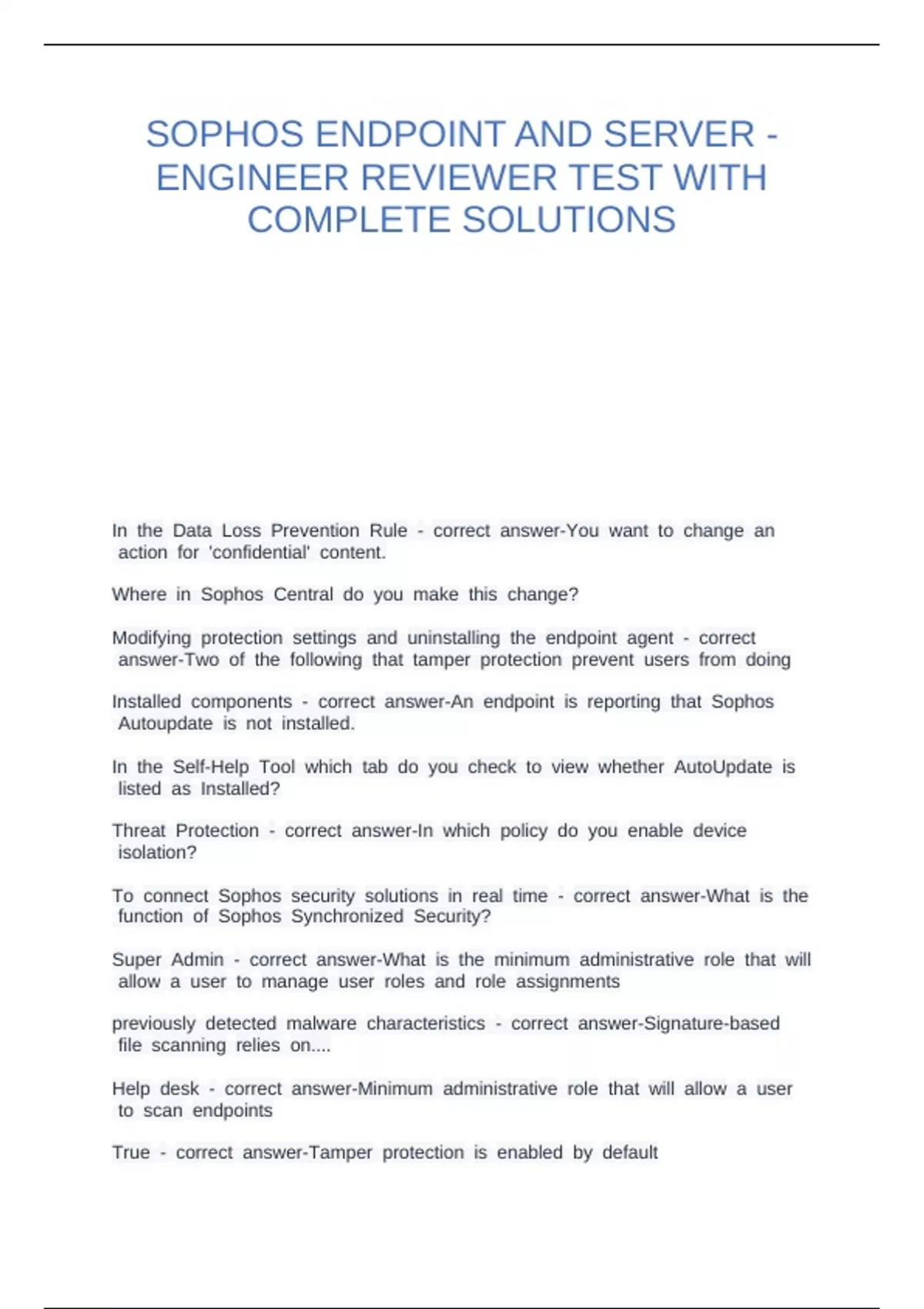 SOPHOS ENDPOINT AND SERVER - ENGINEER REVIEWER TEST WITH COMPLETE ...