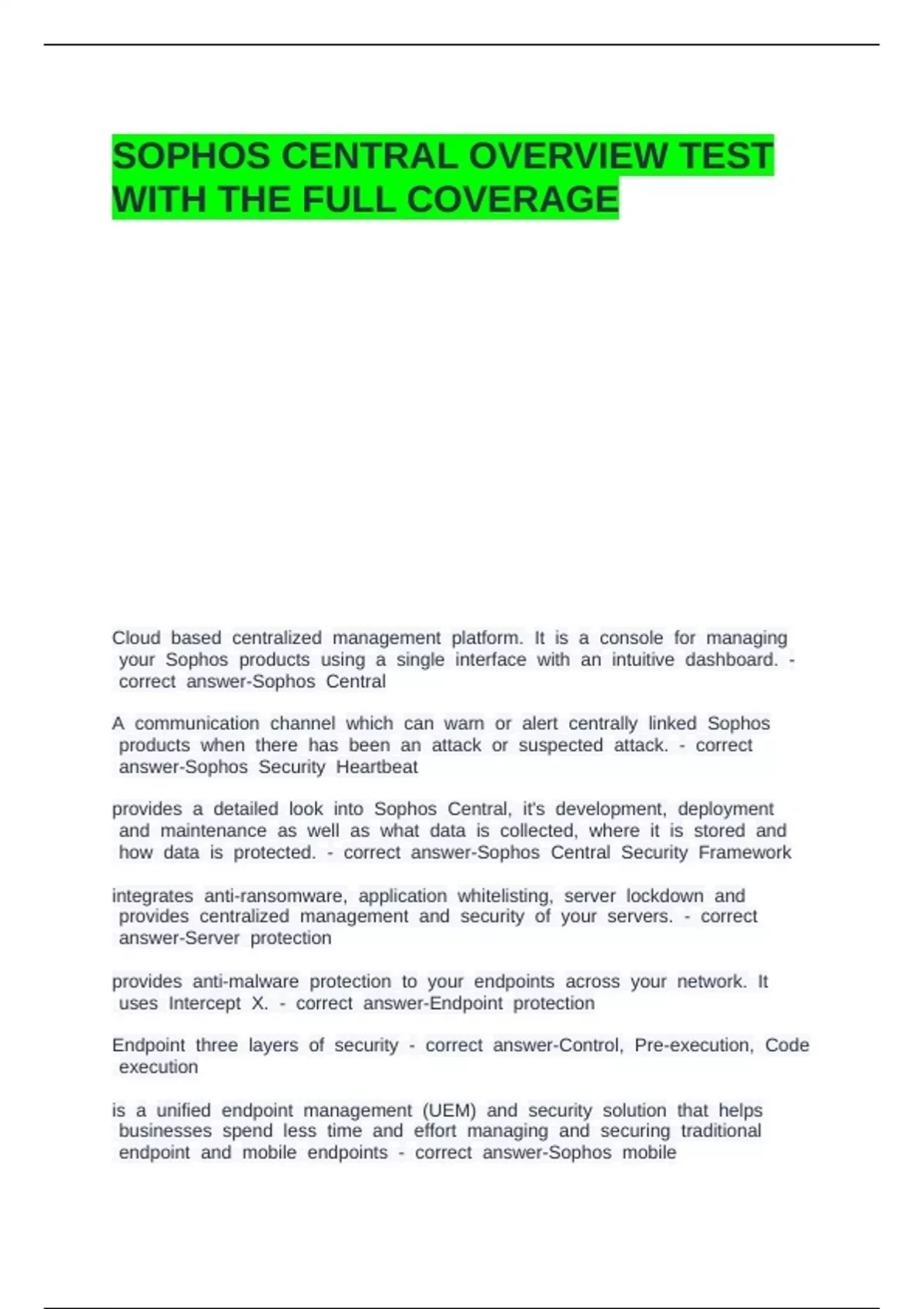 SOPHOS CENTRAL OVERVIEW TEST WITH THE FULL COVERAGE - SOPHOS - Stuvia US