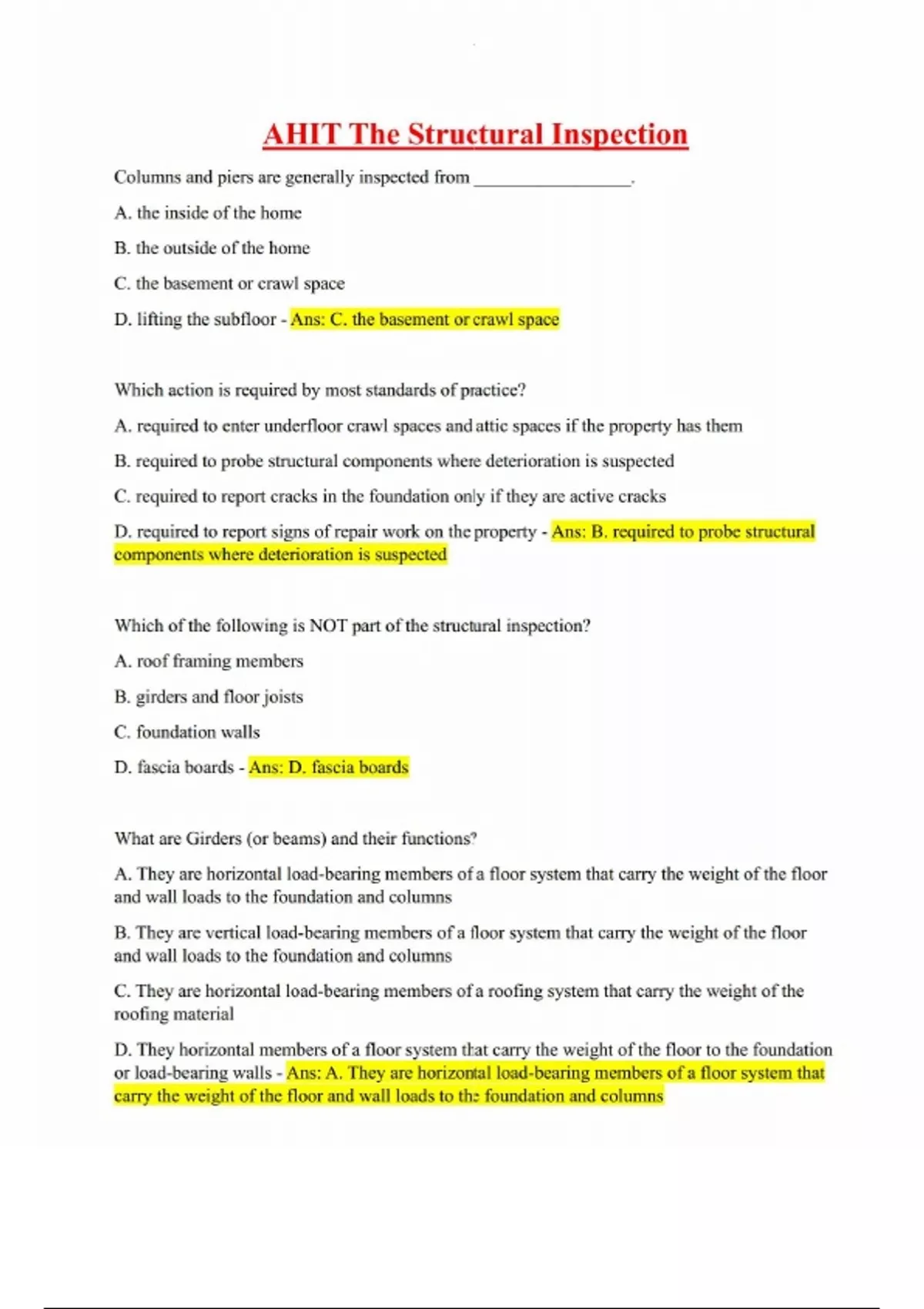 AHIT The Structural Inspection Test Review with Verified Answers - AHIT ...