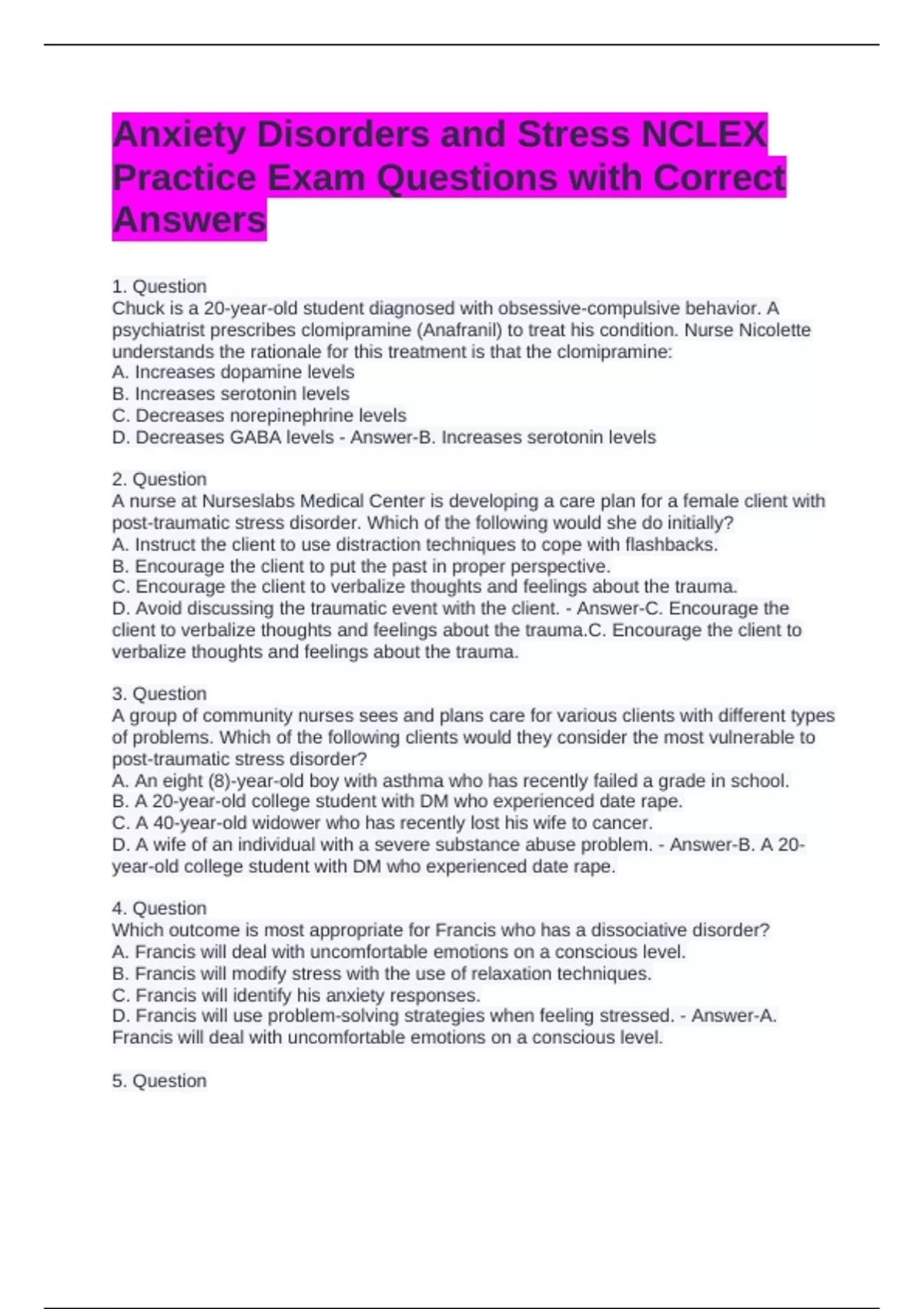 Anxiety Disorders and Stress NCLEX Practice Exam Questions with Correct ...