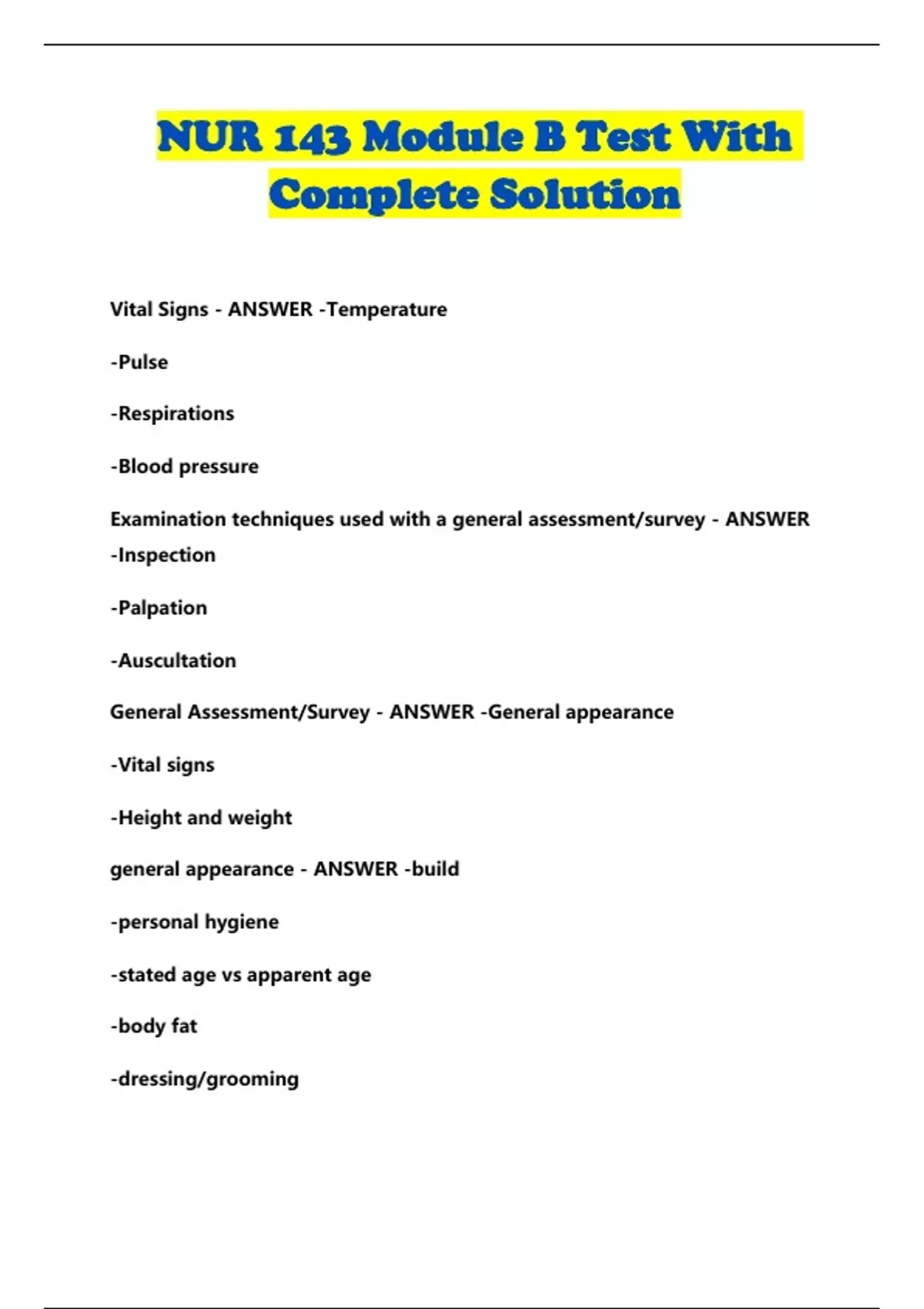 NUR 143 Module B Test With Complete Solution - NUR 143 - Stuvia US