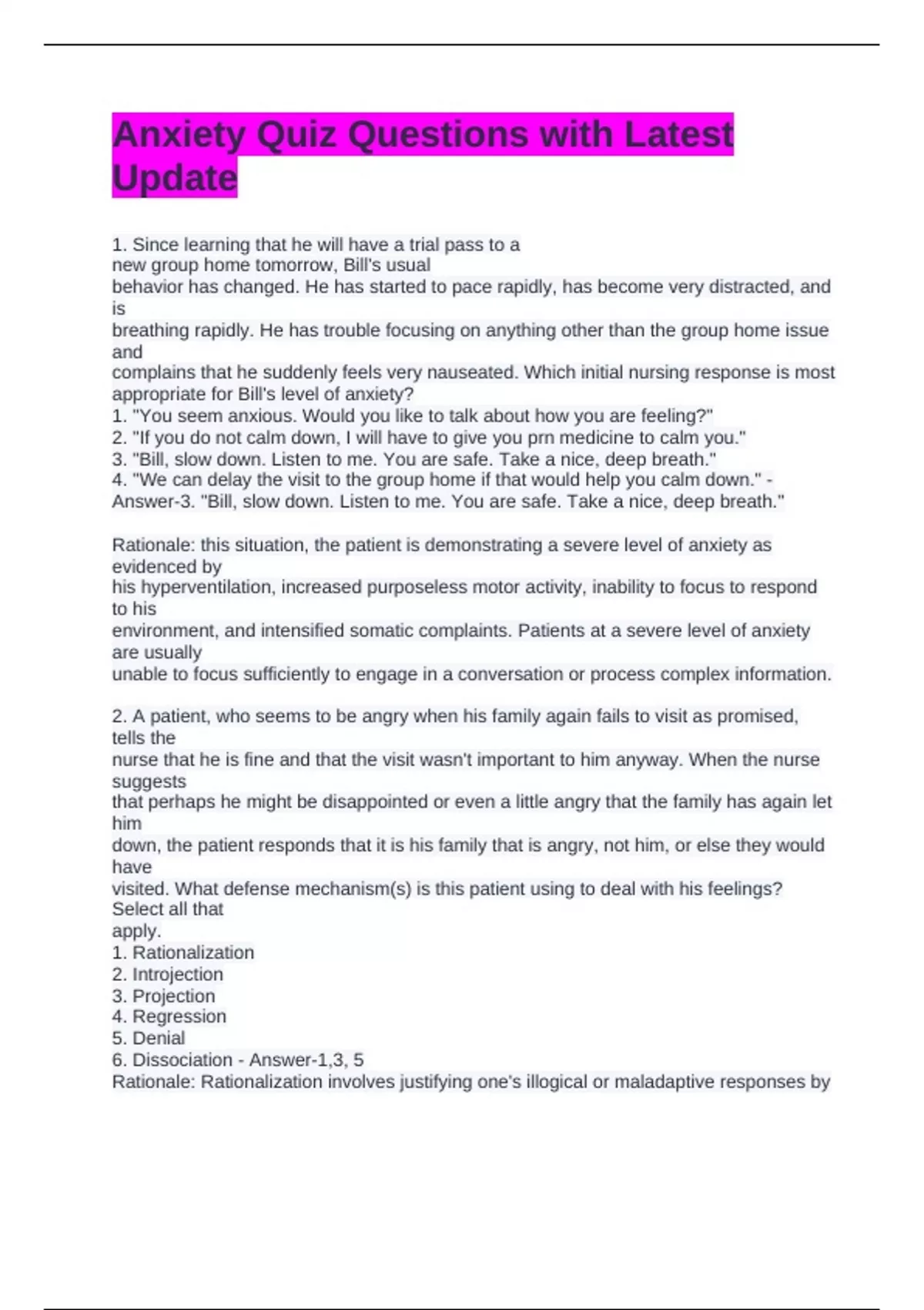 Anxiety Quiz Questions with Latest Update - Anxiety Disorders - Stuvia US