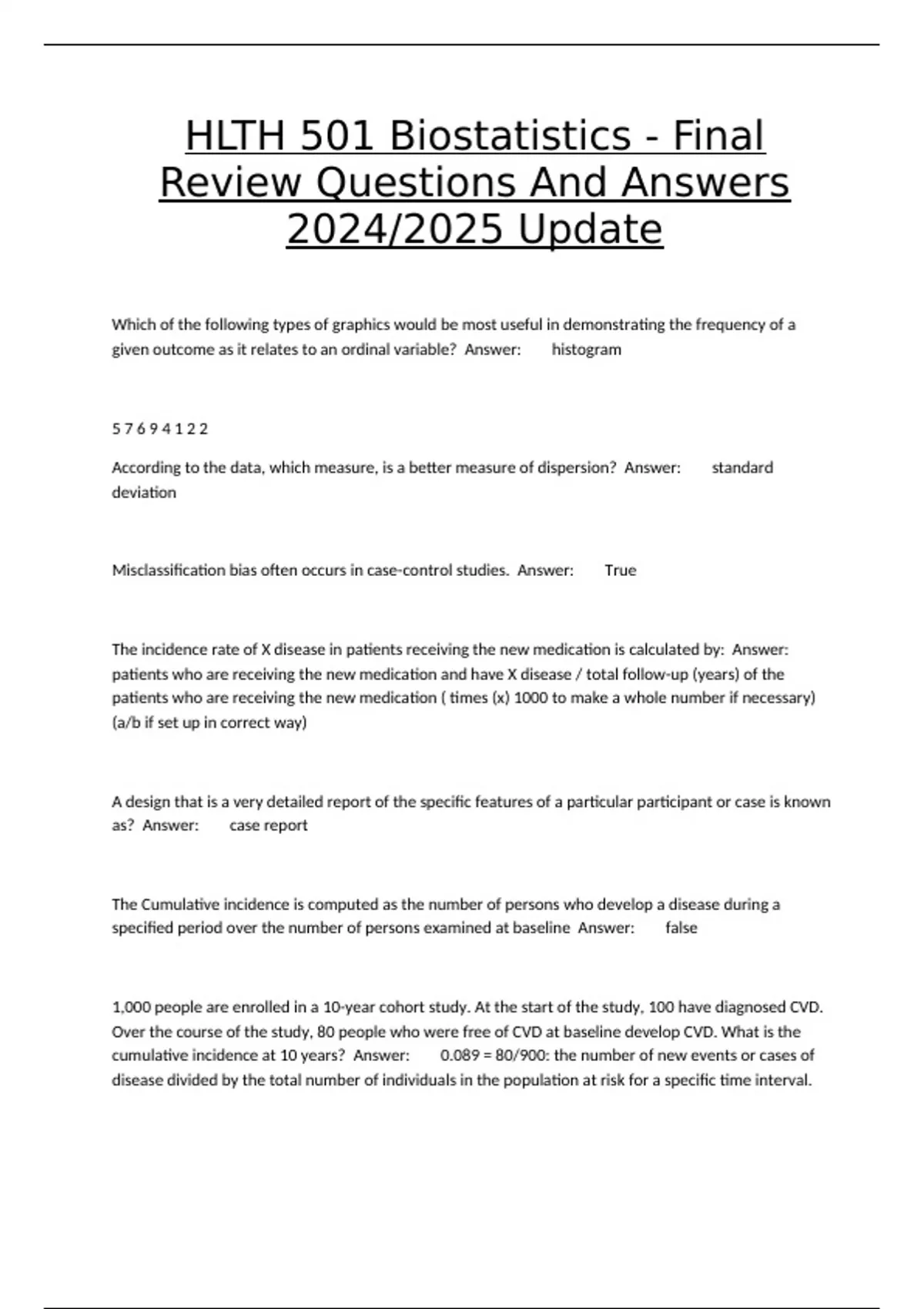 HLTH 501 Biostatistics - Final Review Questions And Answers 2024/2025 Update - HLTH 501 - Stuvia US