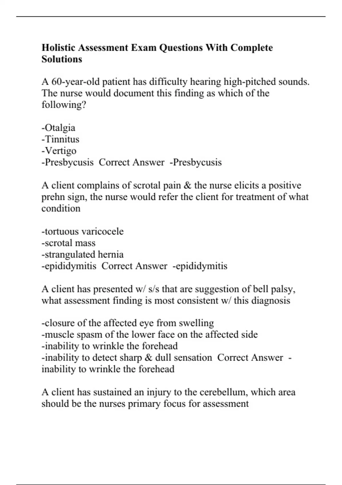 Holistic Assessment Exam Questions With Complete Solutions - Holistic ...