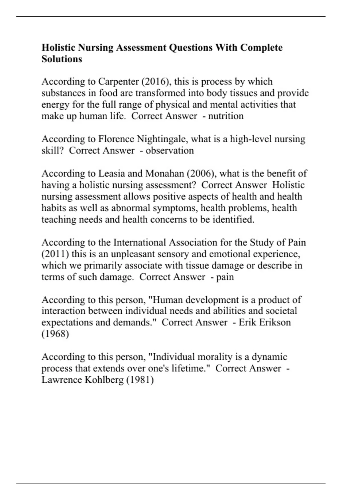 Holistic Nursing Assessment Questions With Complete Solutions ...