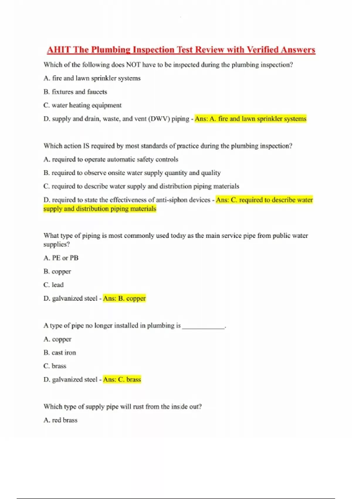 AHIT The Plumbing Inspection Test Review with Verified Answers - AHIT ...