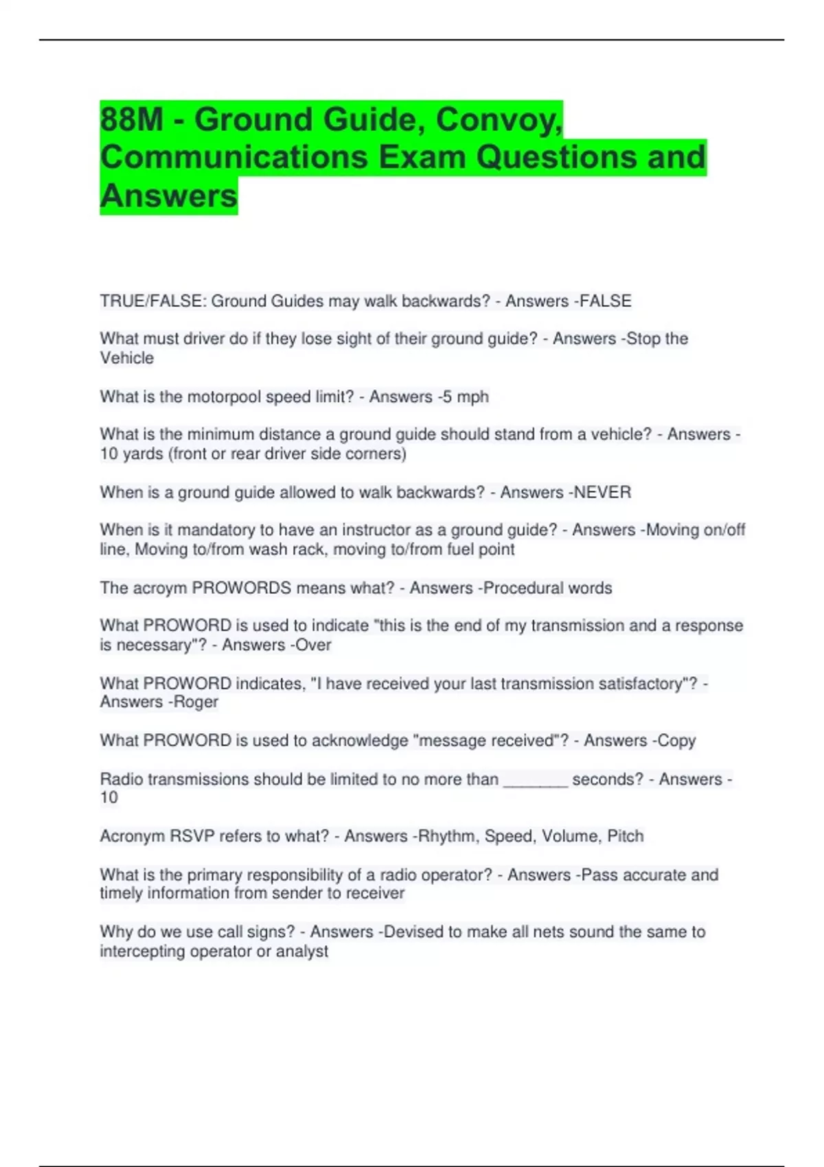 88M - Ground Guide, Convoy, Communications Exam Questions and Answers ...