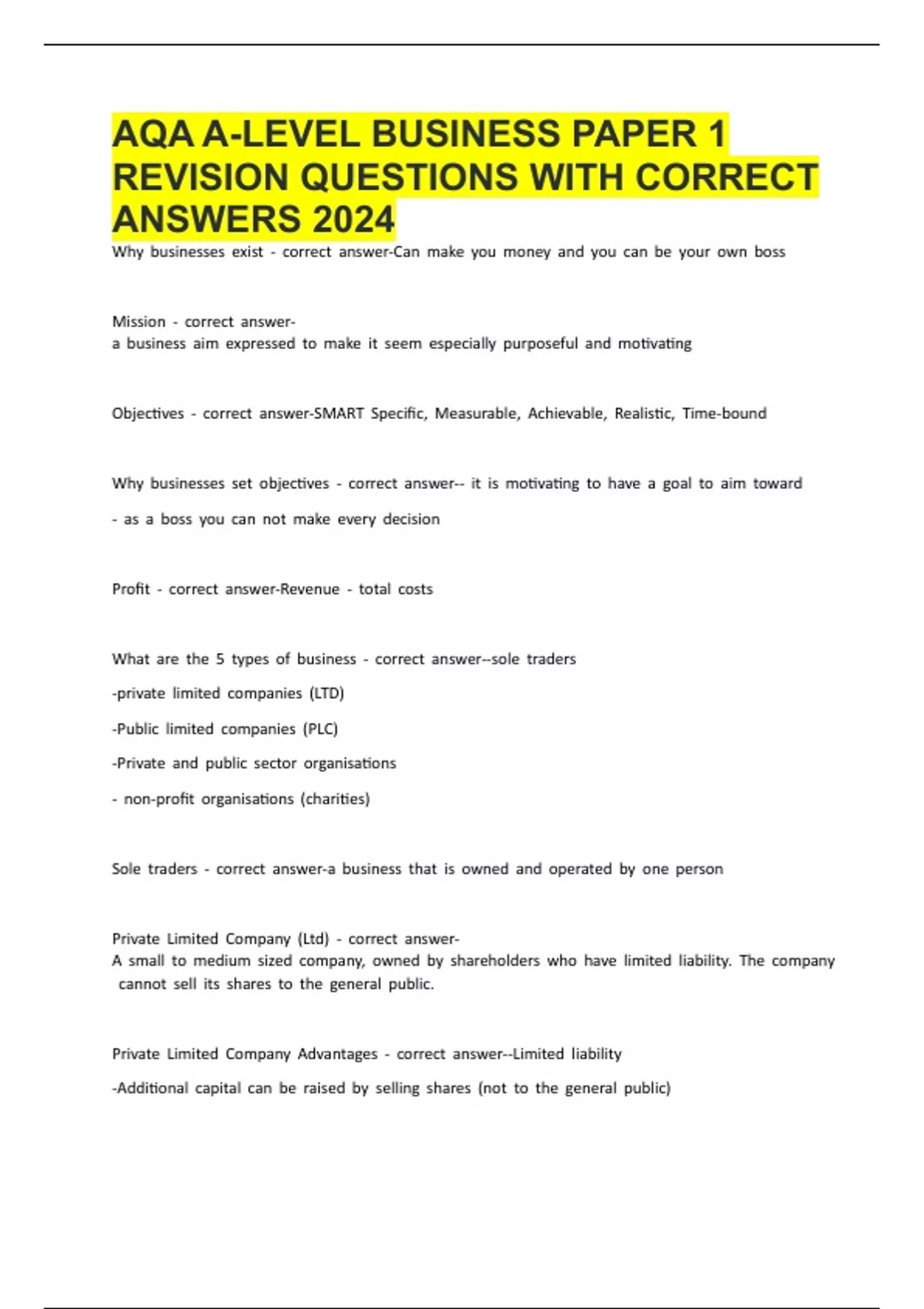 AQA A-LEVEL BUSINESS PAPER 1 REVISION QUESTIONS WITH CORRECT ANSWERS ...