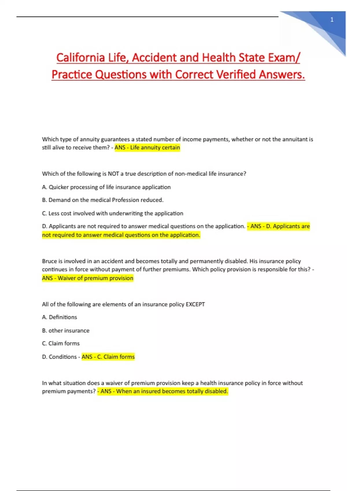 California Life, Accident and Health State Exam/ Practice Questions ...