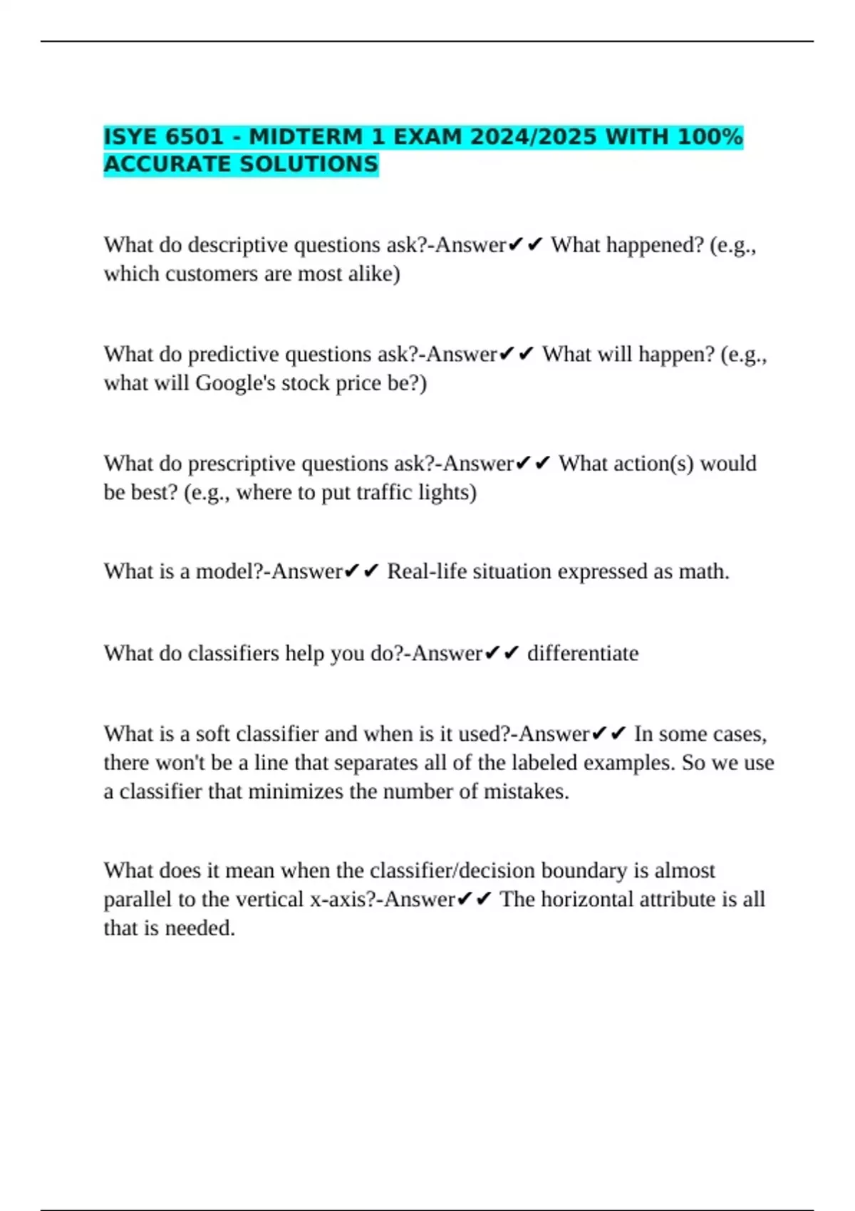 ISYE 6501 - MIDTERM 1 EXAM 2024/2025 WITH 100% ACCURATE SOLUTIONS ...