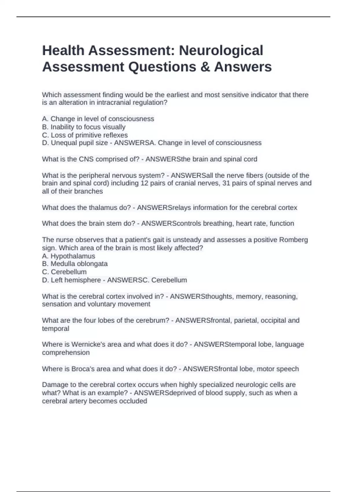 Health Assessment: Neurological Assessment Questions & Answers - Health ...