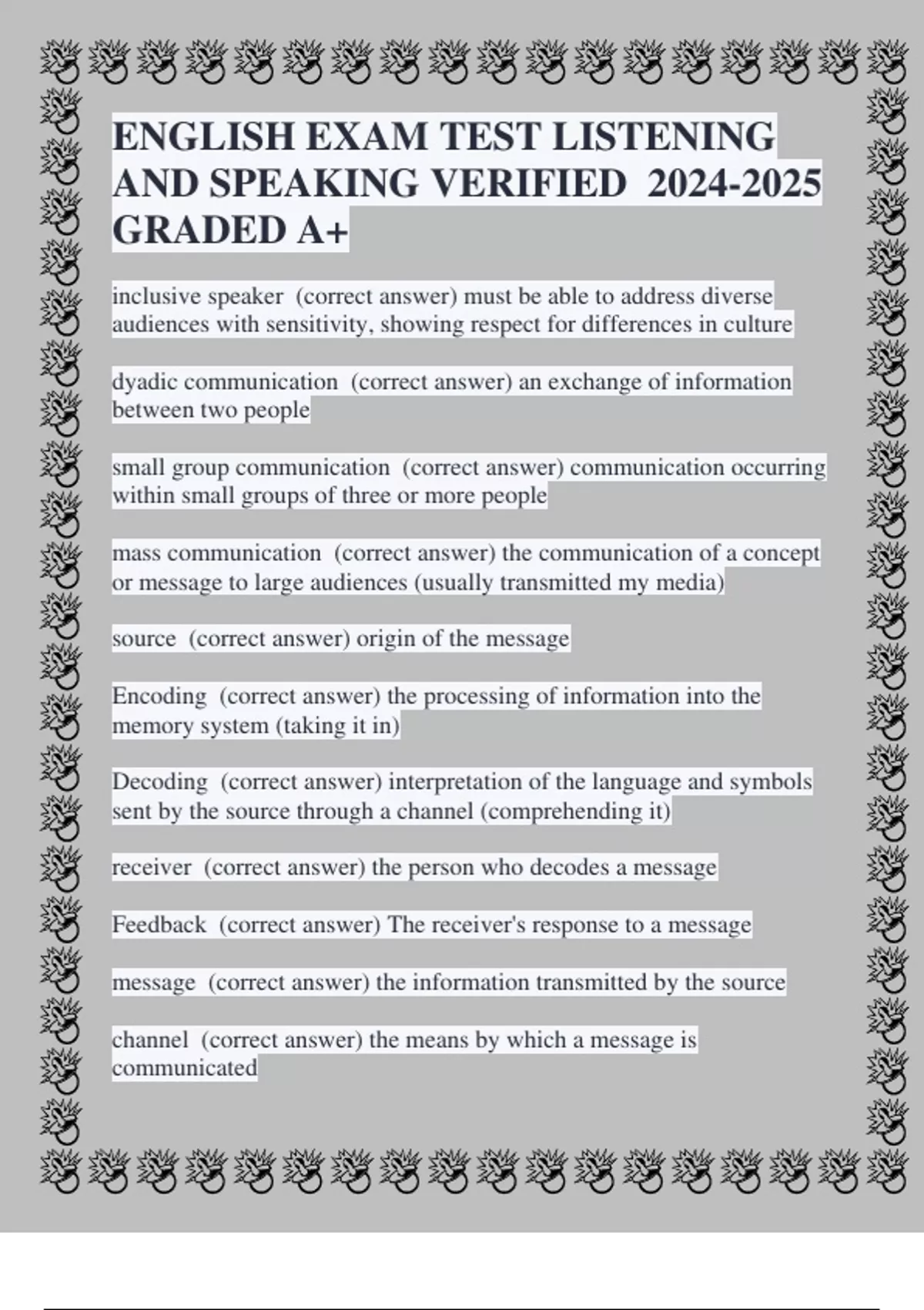 ENGLISH EXAM TEST LISTENING AND SPEAKING VERIFIED GRADED A+ - English ...