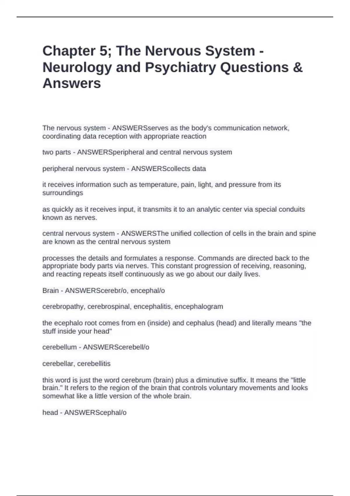 Chapter 5; The Nervous System - Neurology and Psychiatry Questions ...