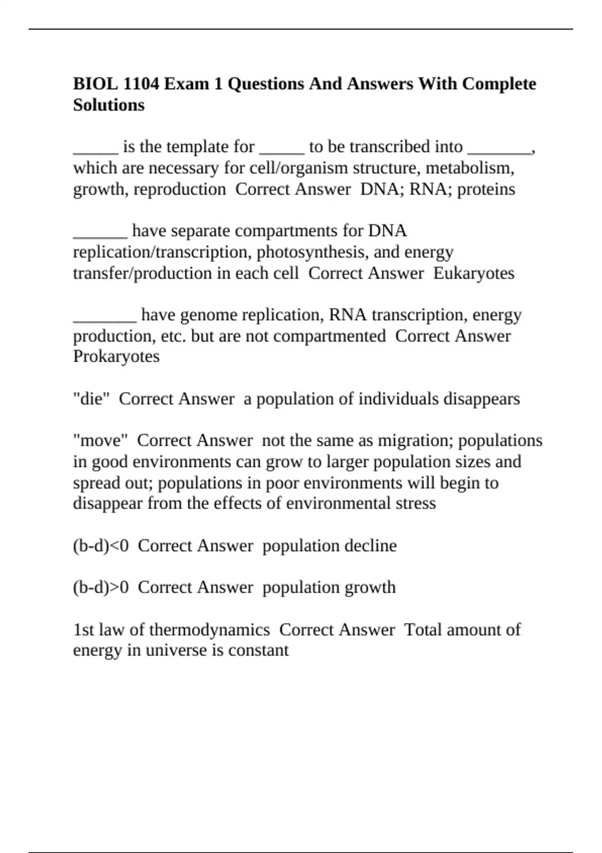BIOL 1104 Exam 1 Questions And Answers With Complete Solutions - BIOL ...