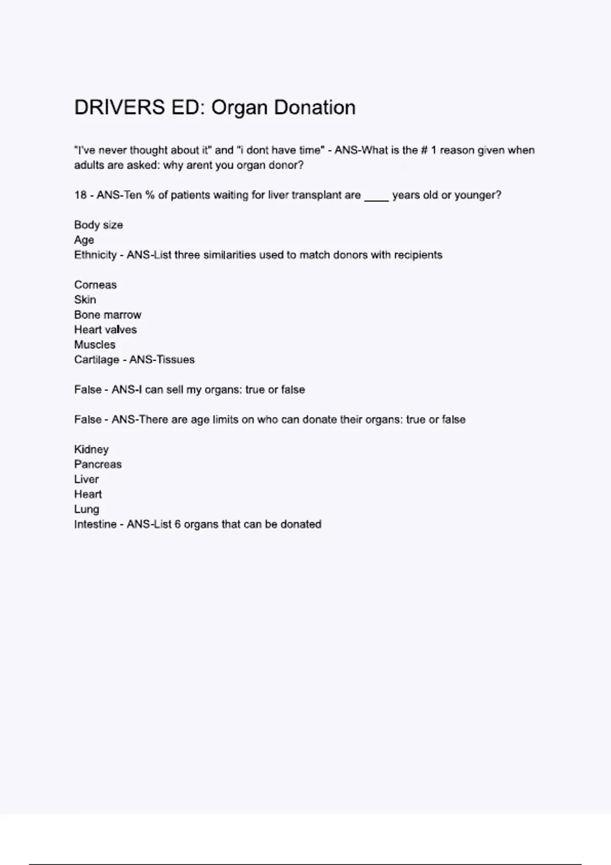 DRIVERS ED_ Organ Donation Questions (with Answers) - Organ Donation ...