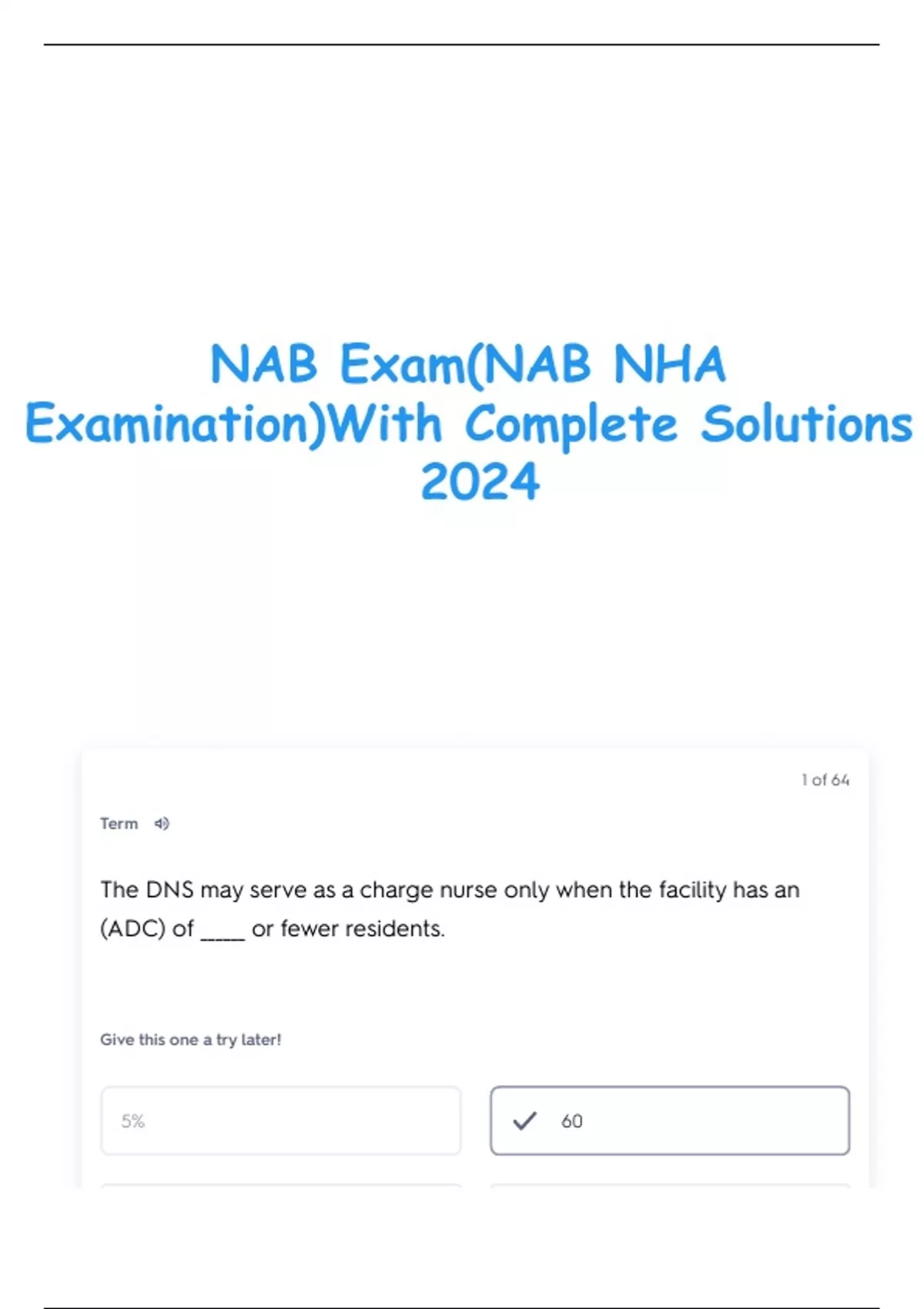 NAB Exam(NAB NHA Examination)With Complete Solutions 2024 - NAB - Stuvia US