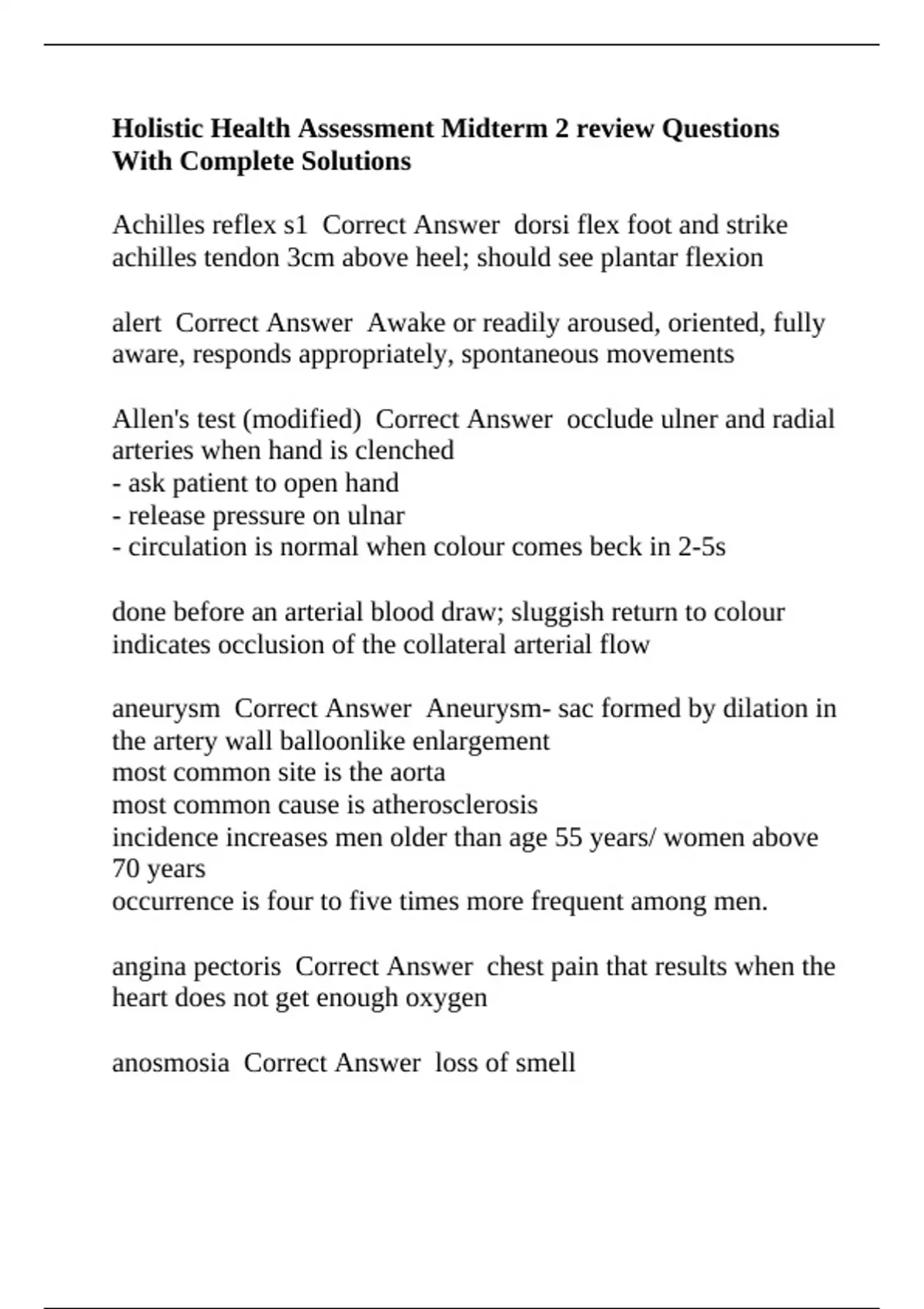 Holistic Health Assessment Midterm 2 review Questions With Complete ...